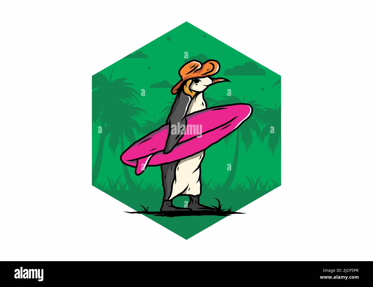 Illustration of the Cute penguin carrying a surfboard between coconut ...