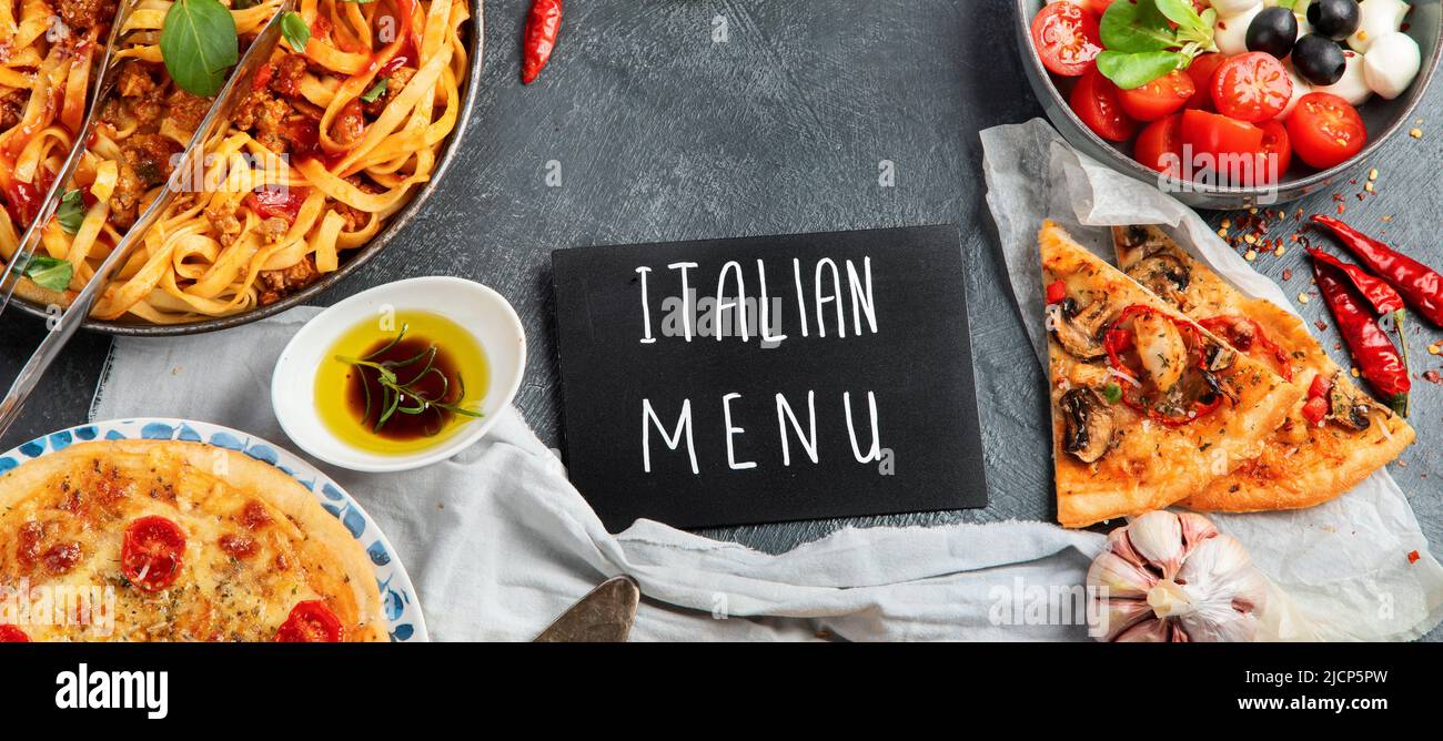 Italian food assortment on dark background. Traditional food concept ...
