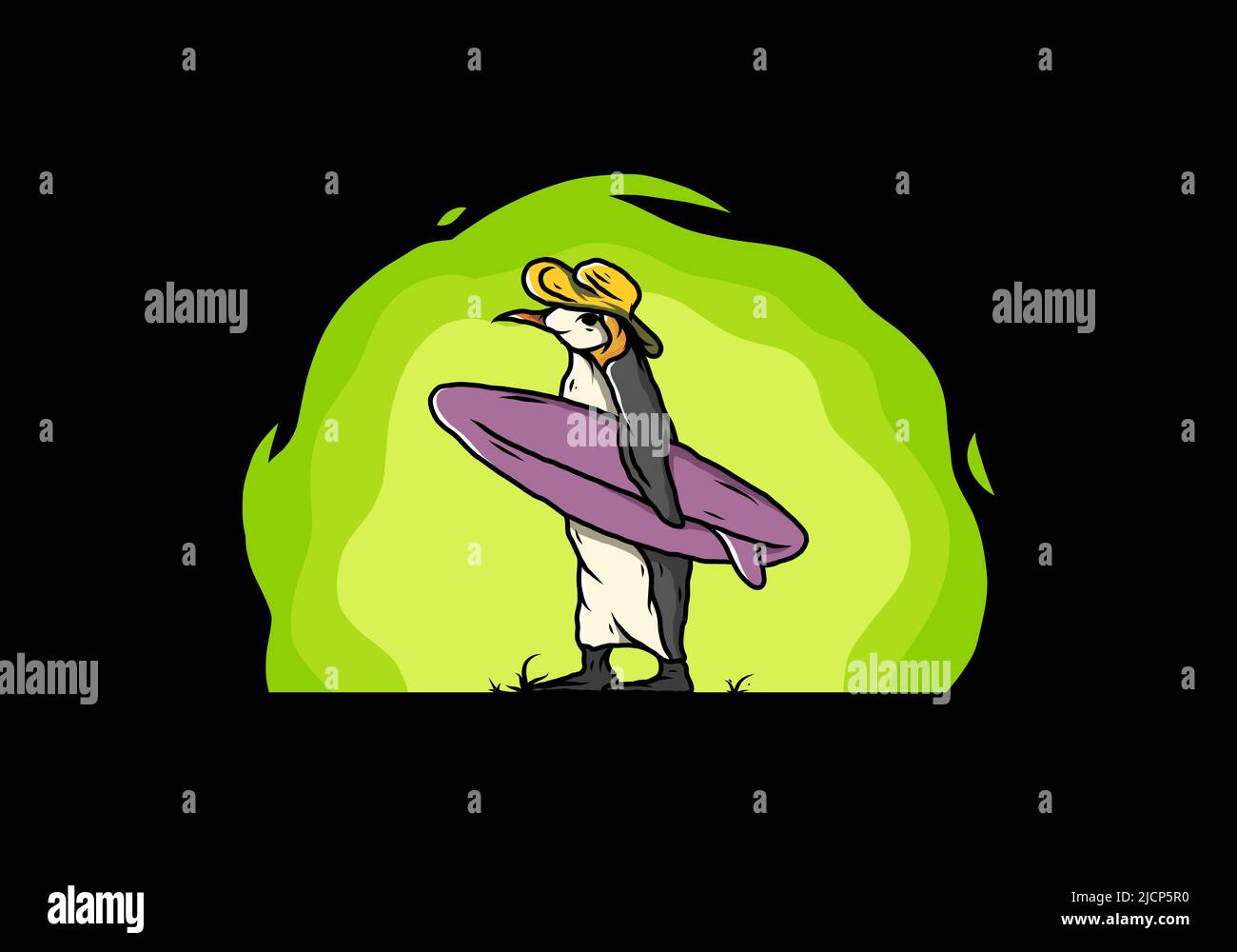 Illustration of the Cute penguin carrying a surfboard between coconut ...