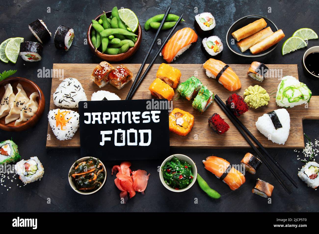 Japanese food assortment on dark background. Traditional food concept ...