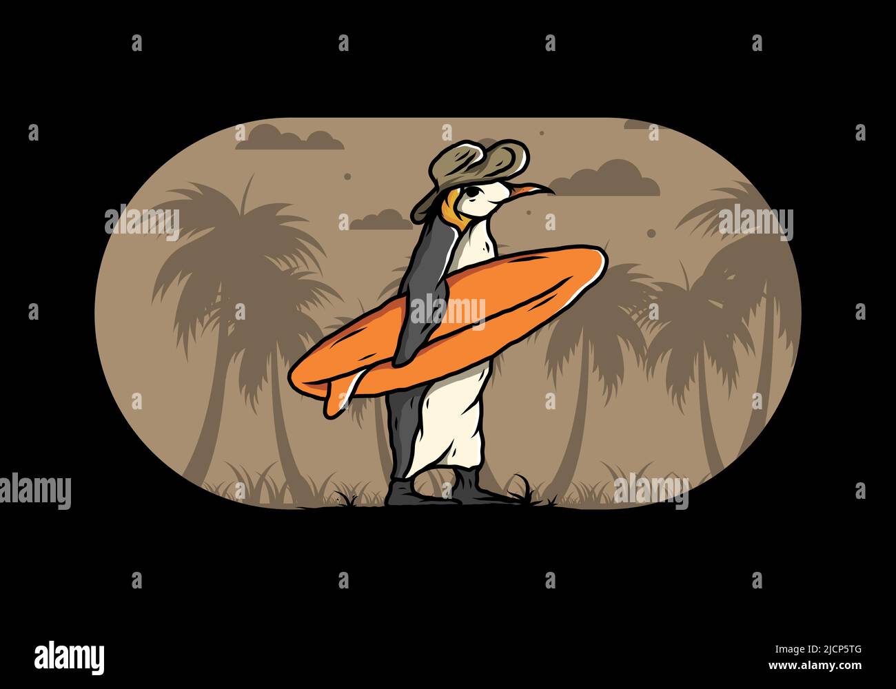 Illustration of the Cute penguin carrying a surfboard between coconut ...