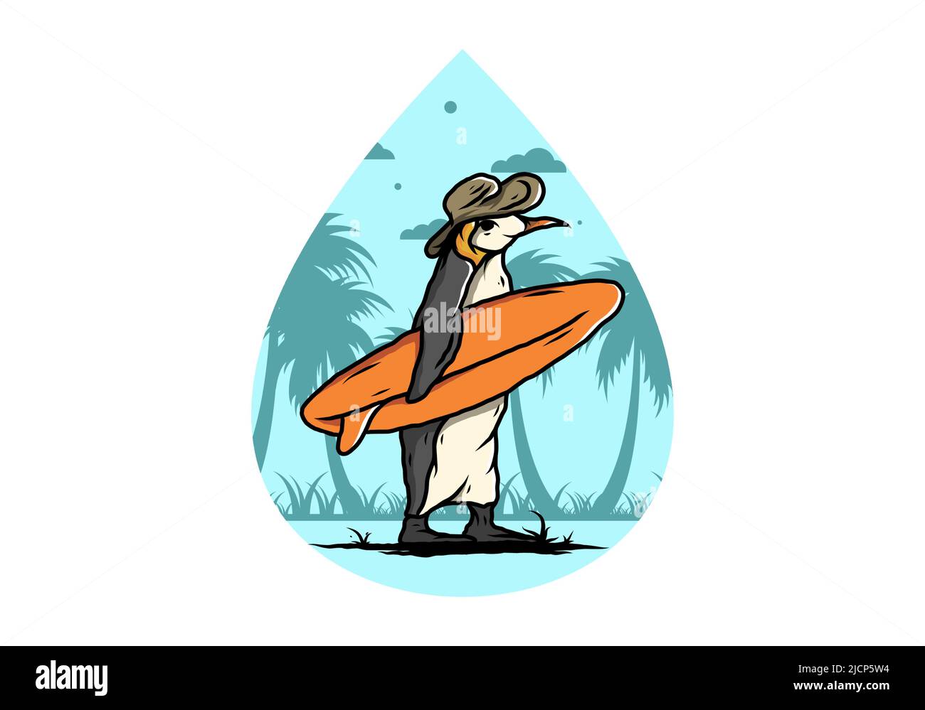 Illustration of the Cute penguin carrying a surfboard between coconut ...