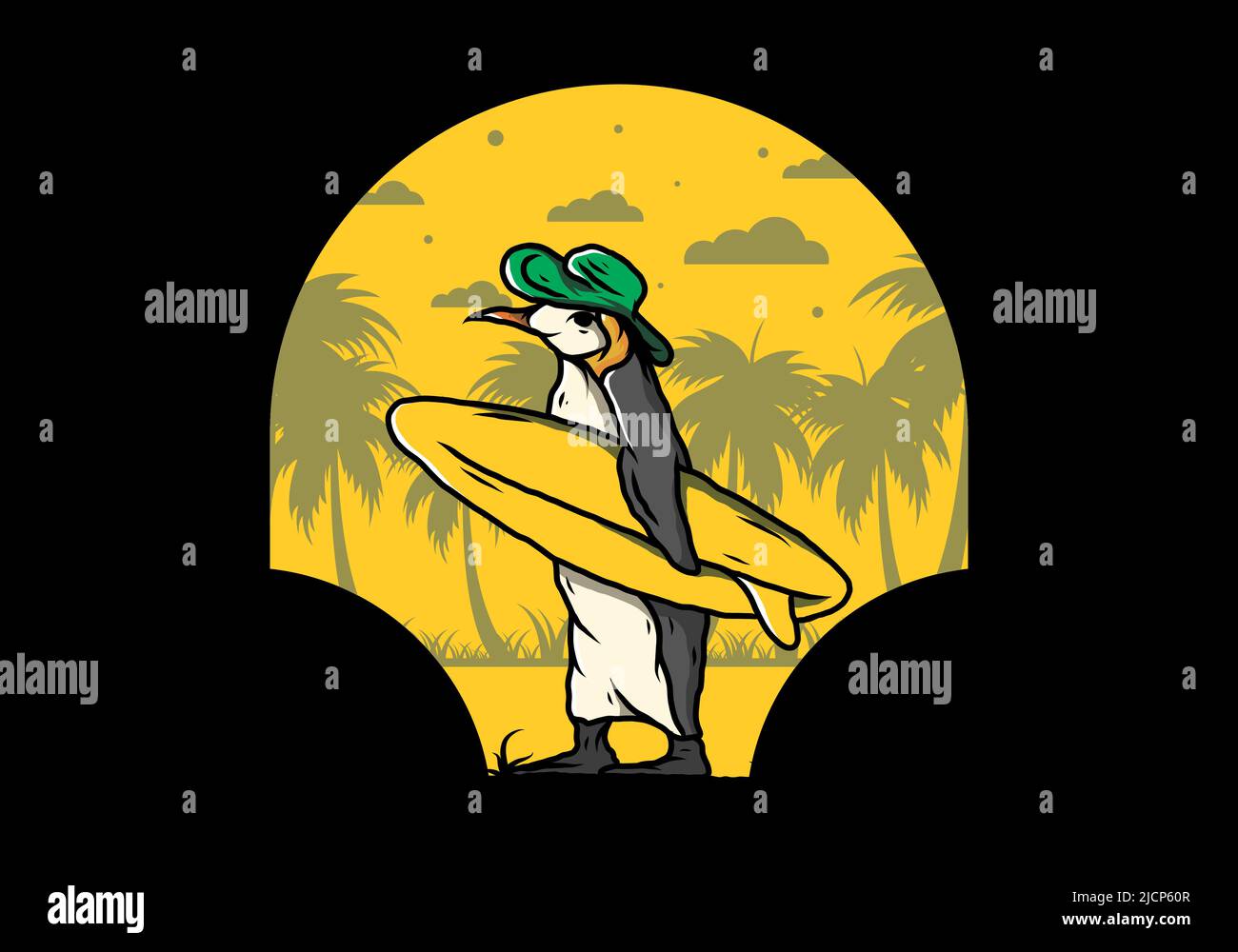 Illustration of the Cute penguin carrying a surfboard between coconut ...