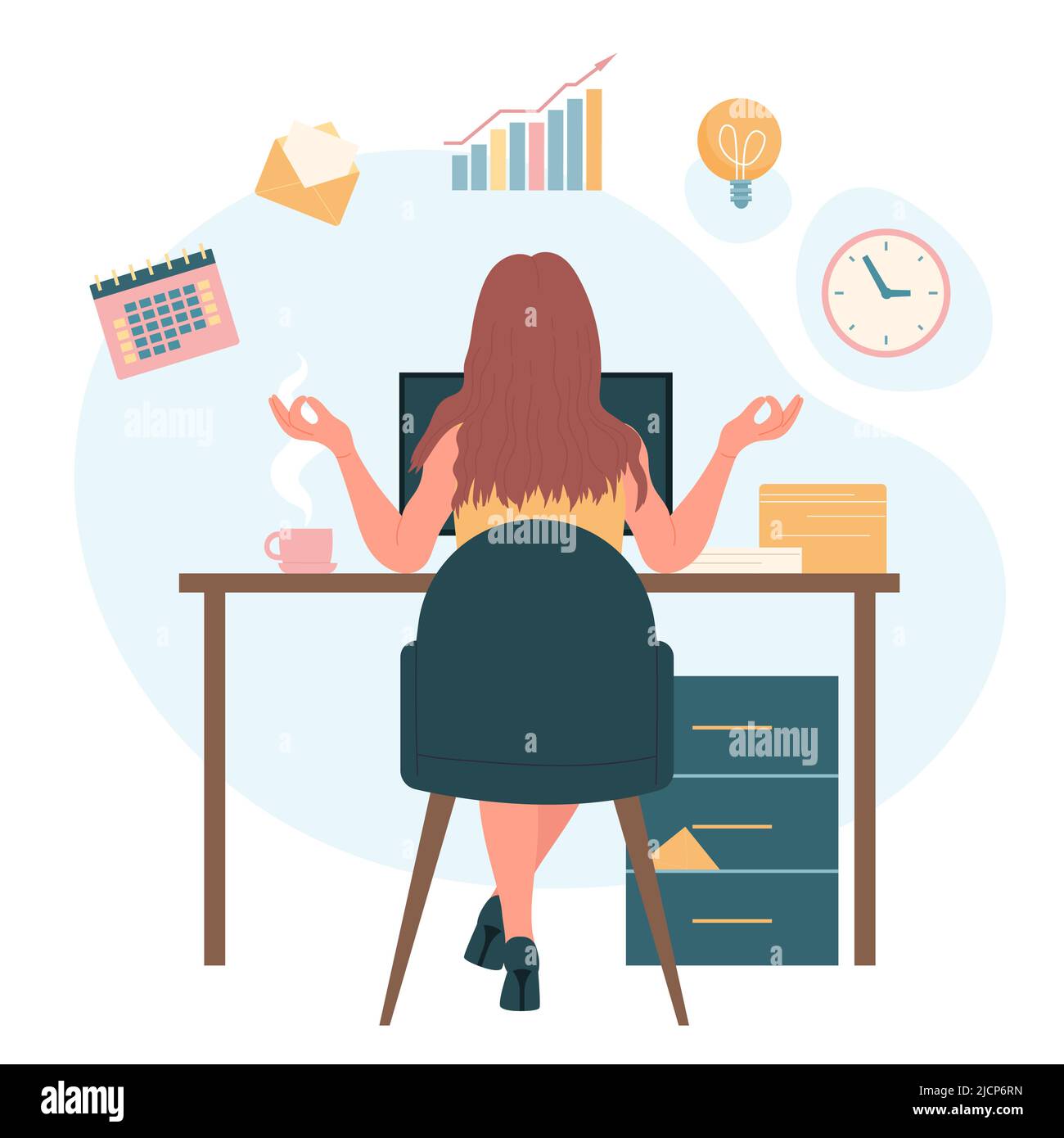 Calm yoga pose of female manager at work. Young multitasking woman ...