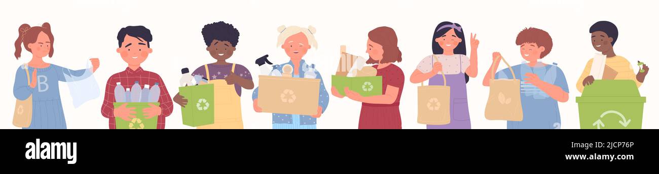 Children protect environment set, hold boxes and bags with recycle sign ...