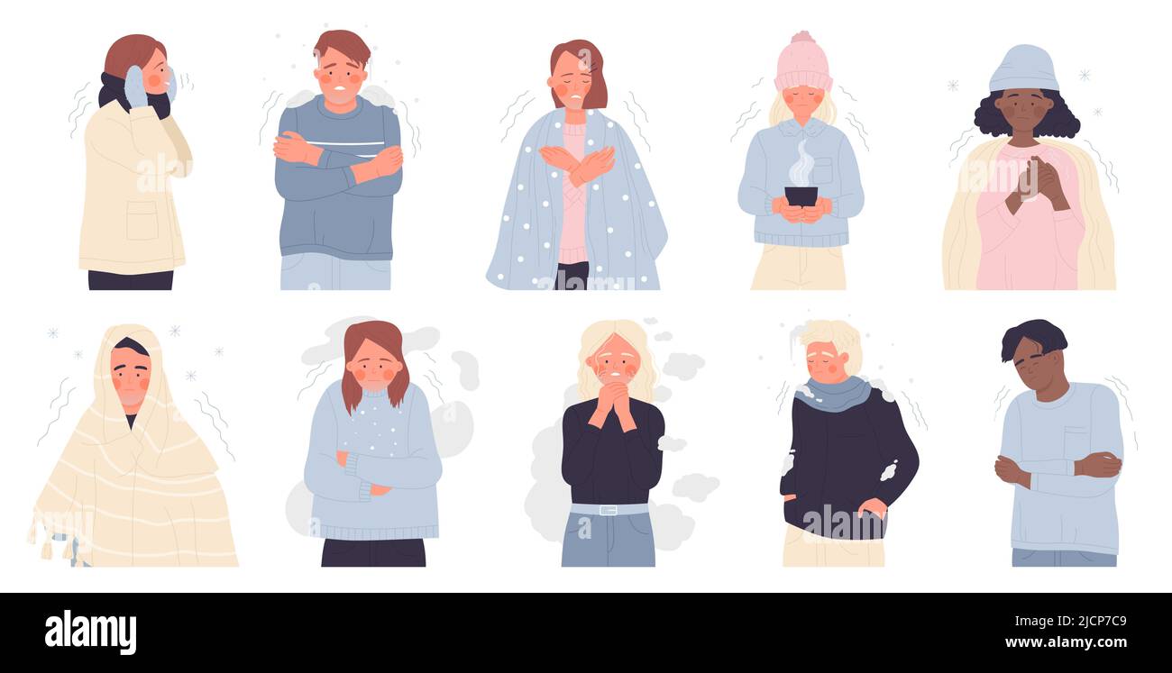 People shiver and hate winter cold weather set vector illustration ...