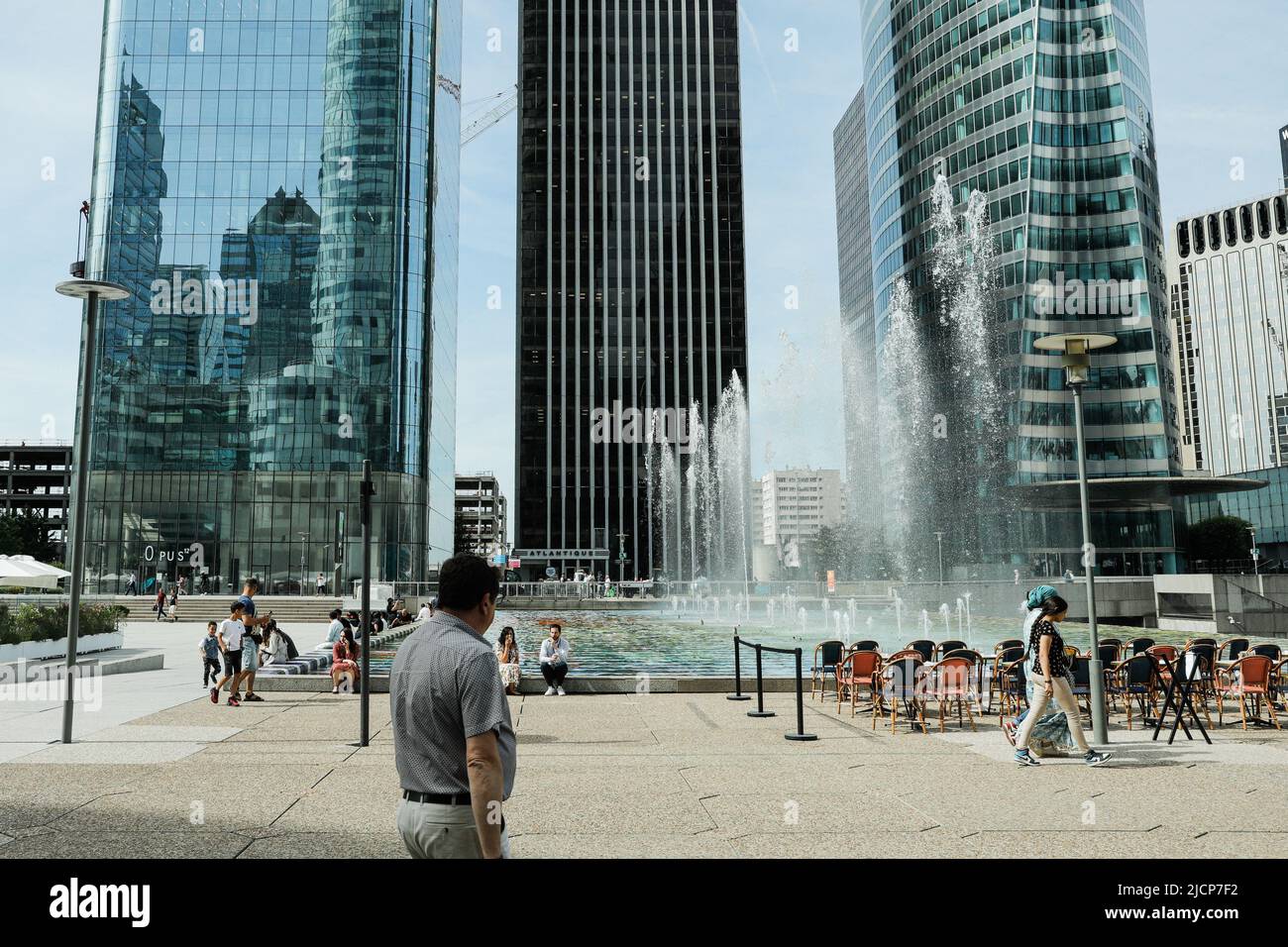 Illustration of fountains in the business district in La Defense. This ...