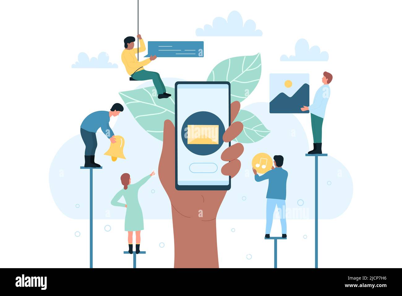 Social media communication and messenger notification. Cartoon hand ...