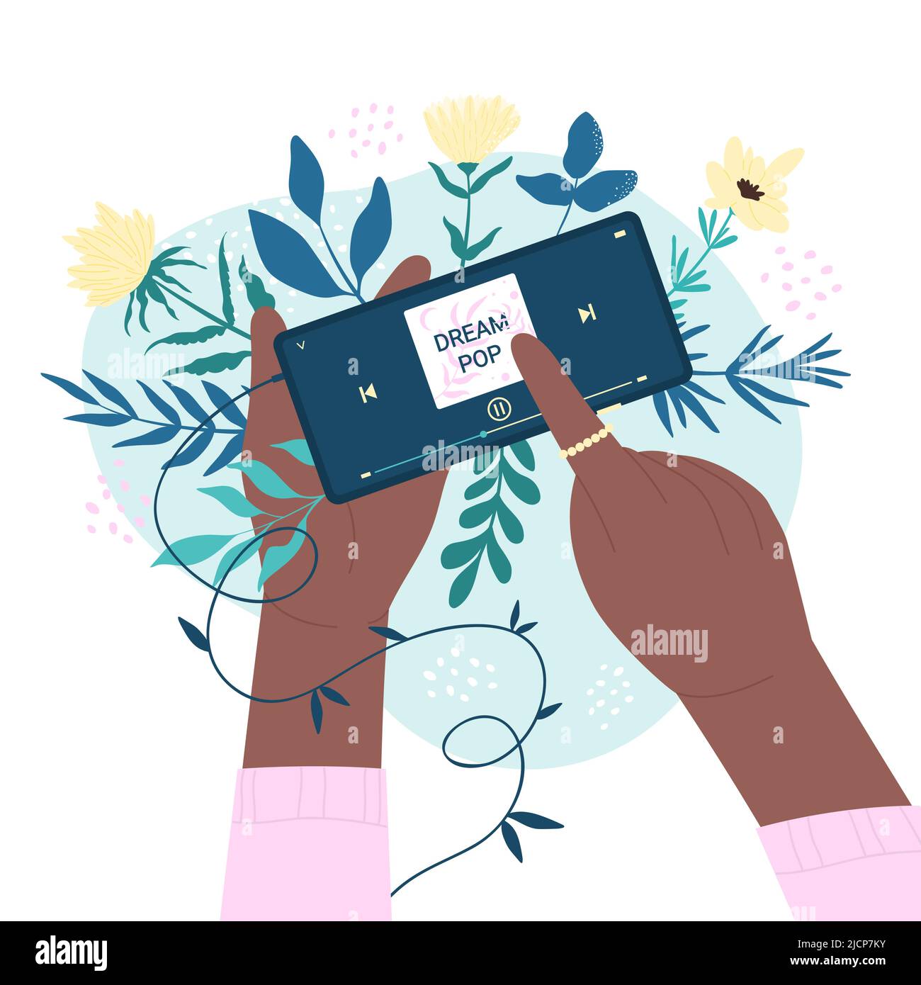 Music mobile app in smartphone. Cartoon hand holding mobile phone with ...