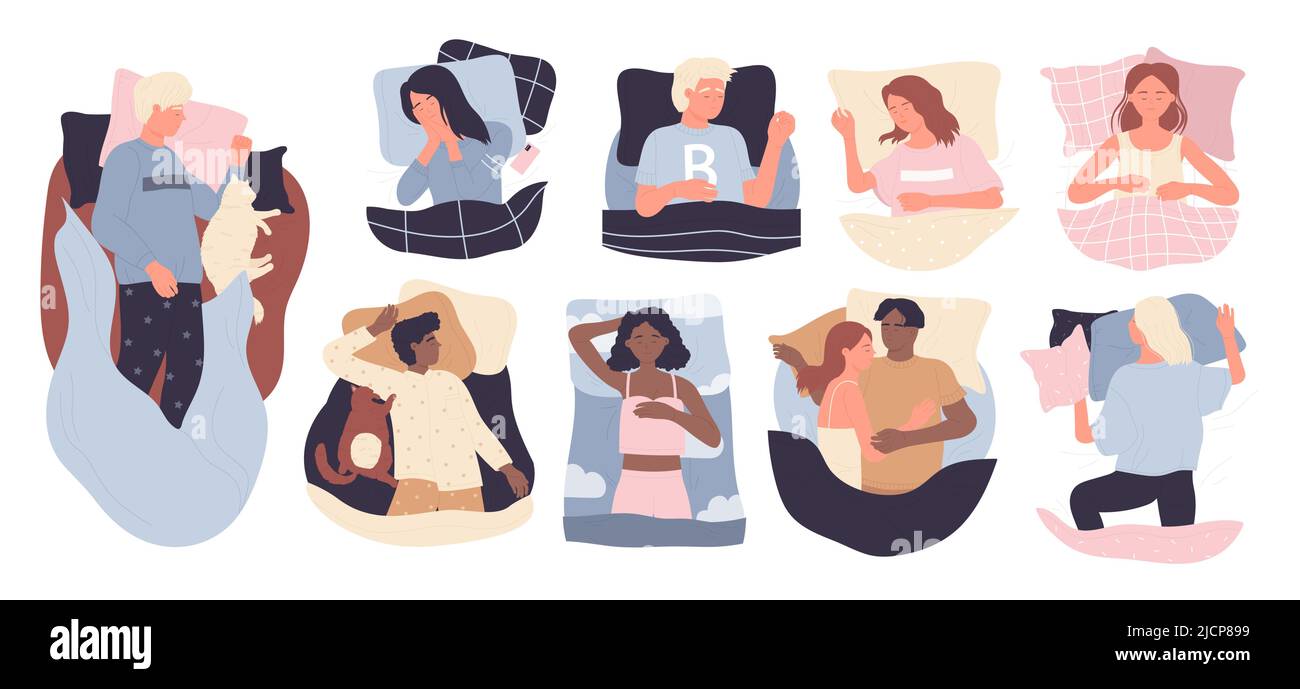 People Sleep In Bed In Different Positions Set Top View Vector Illustration Cartoon Cute Male