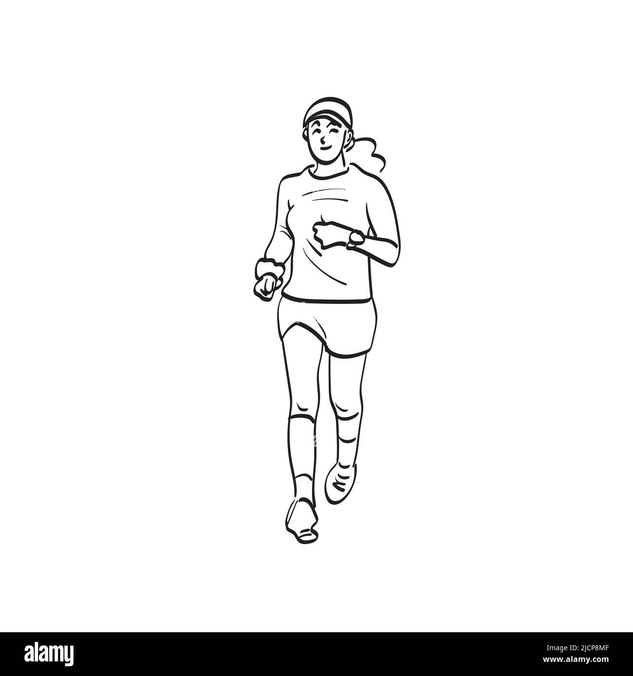 line art young woman in sportswear and cap jogging illustration vector ...