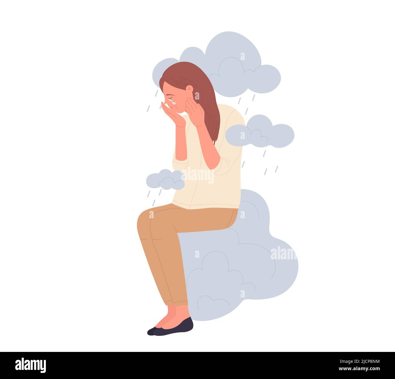 Depressed girl with raining clouds. Crying woman, upset and ...