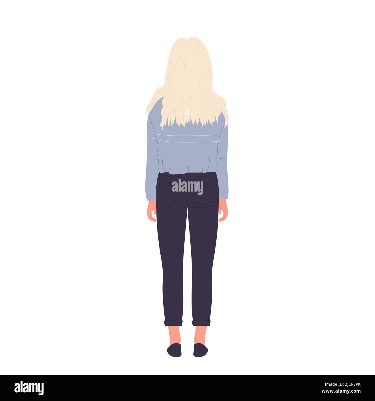 Blonde long haired girl standing with back side. Rear view of casual ...
