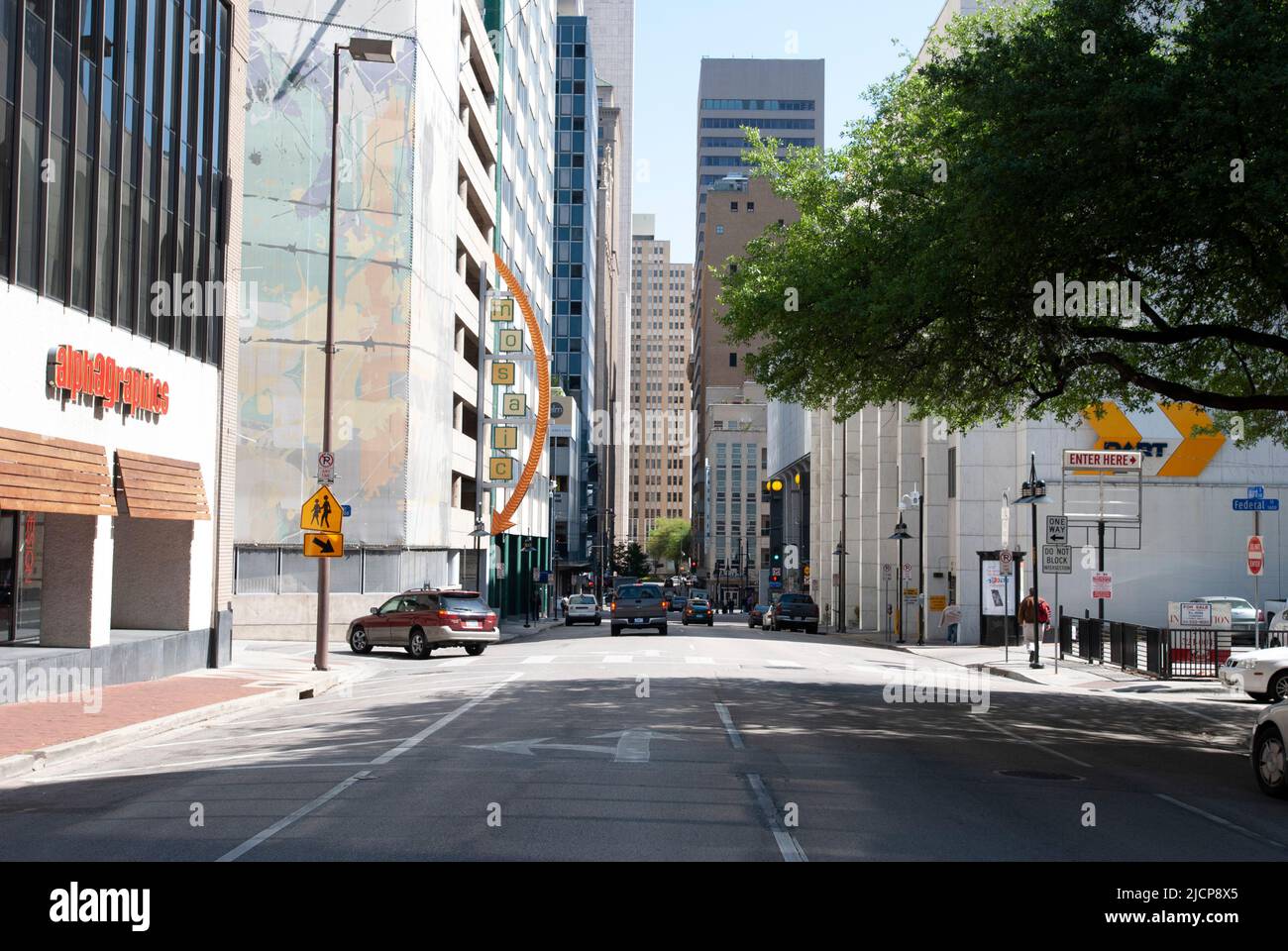 Street scene in downtown Dallas, Texas looking south on Akard Street ...