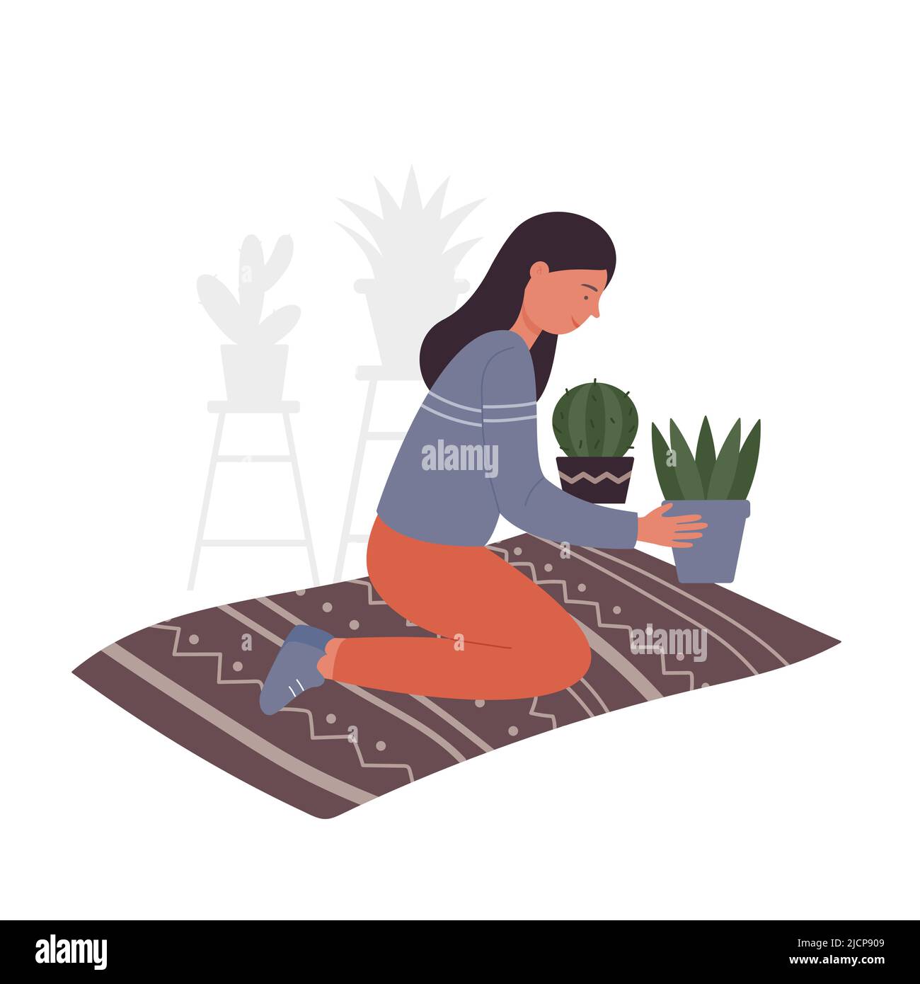 Girl sitting on mat and taking care of potted plants. Gardener lady ...