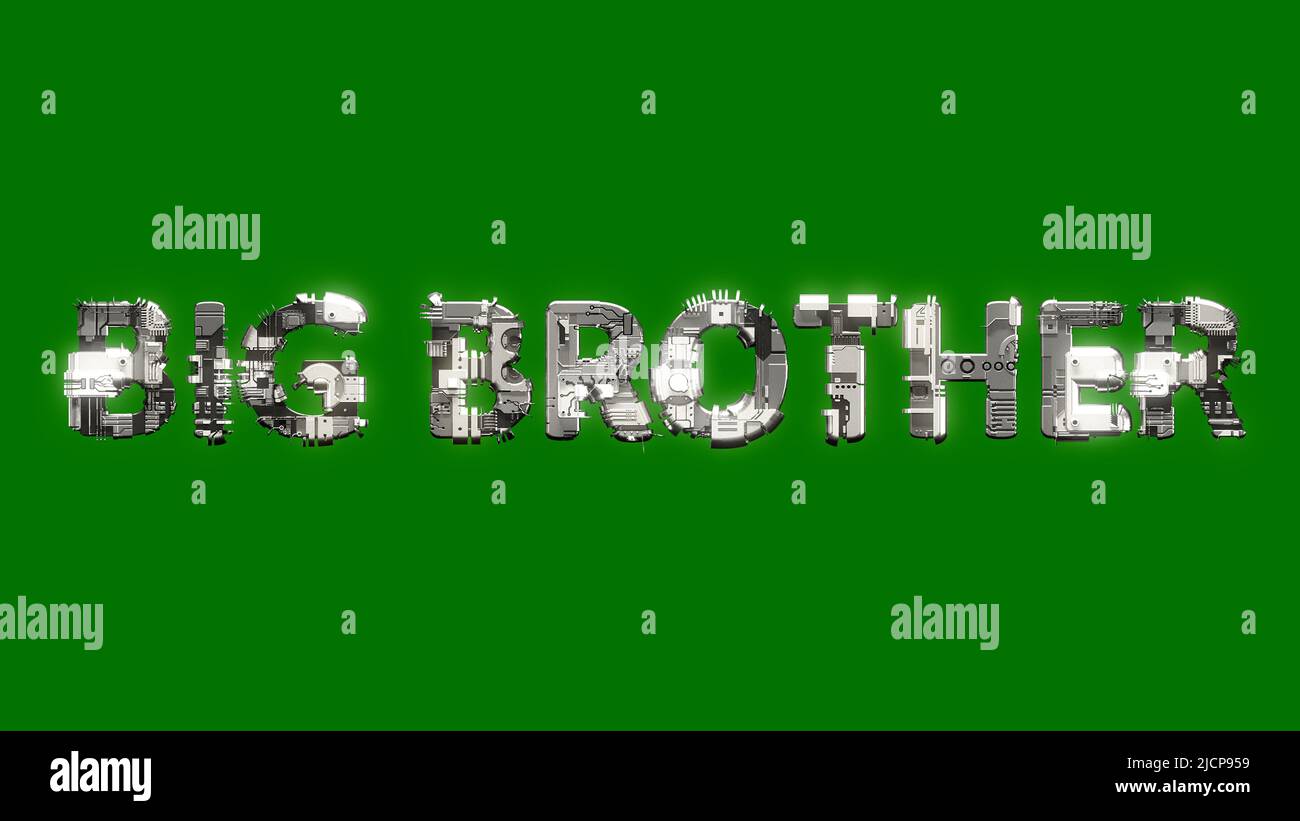 industrial style cybernetic text BIG BROTHER on green screen backdrop ...