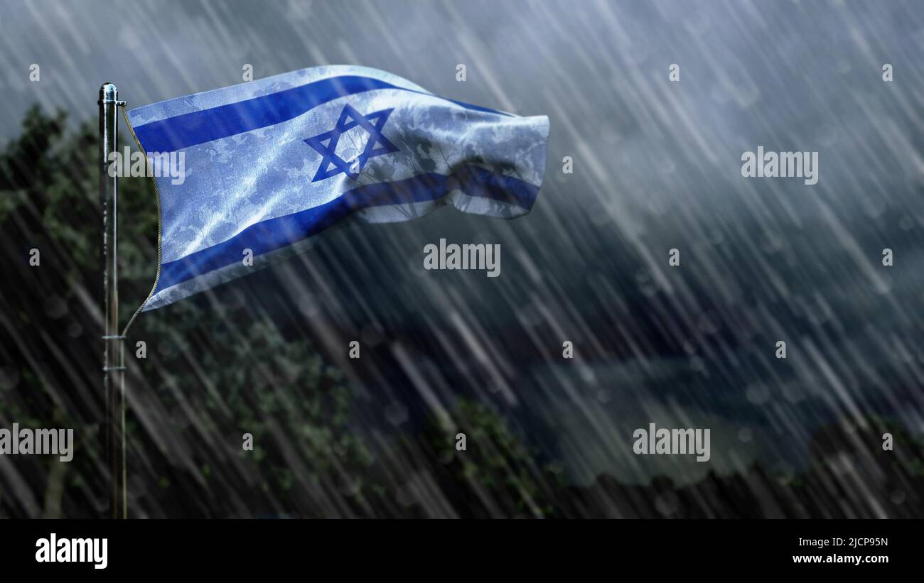 flag of Israel with rain and dark clouds, twister forecast symbol ...