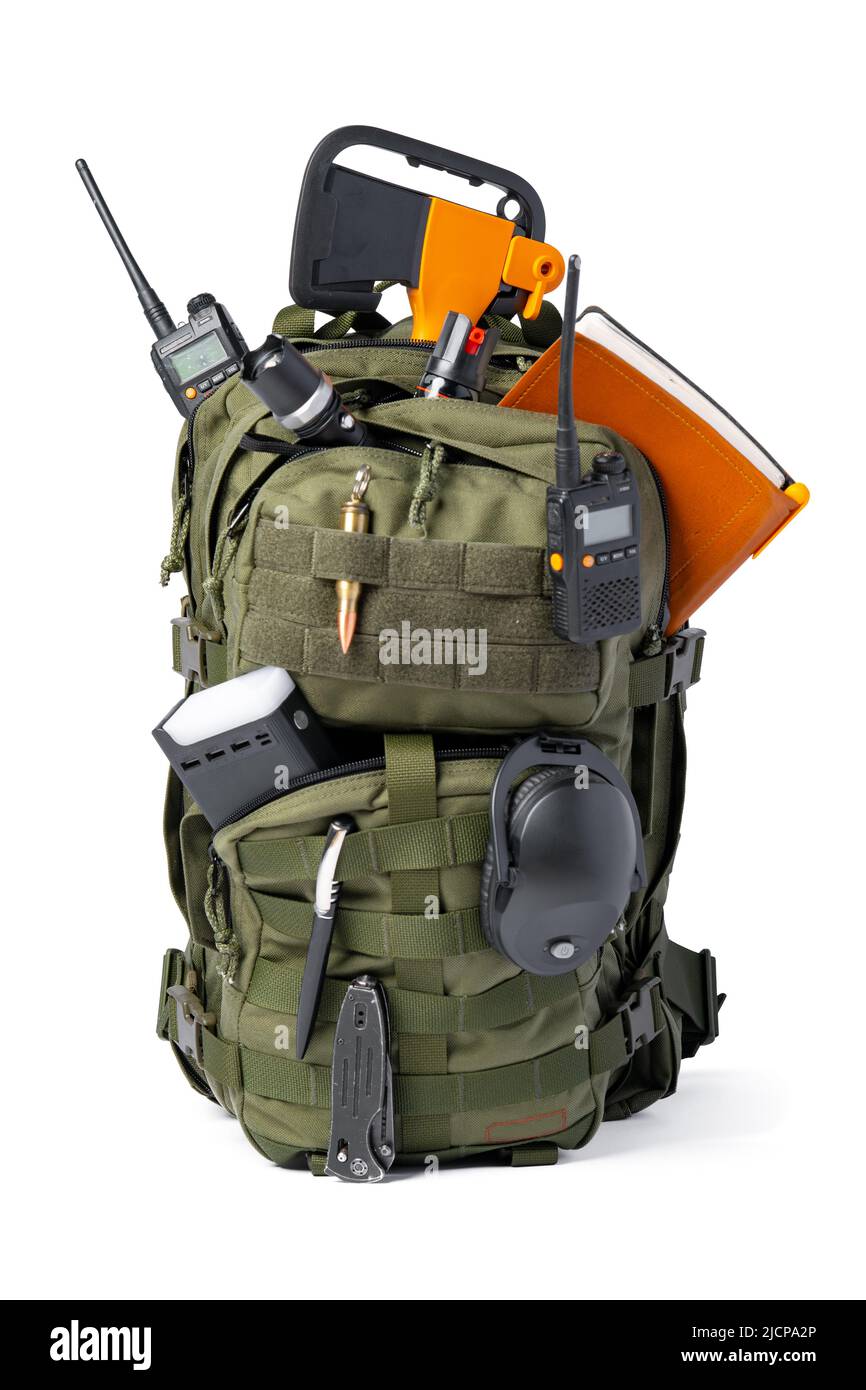 Open military backpack of khaki color on a white background Stock Photo ...