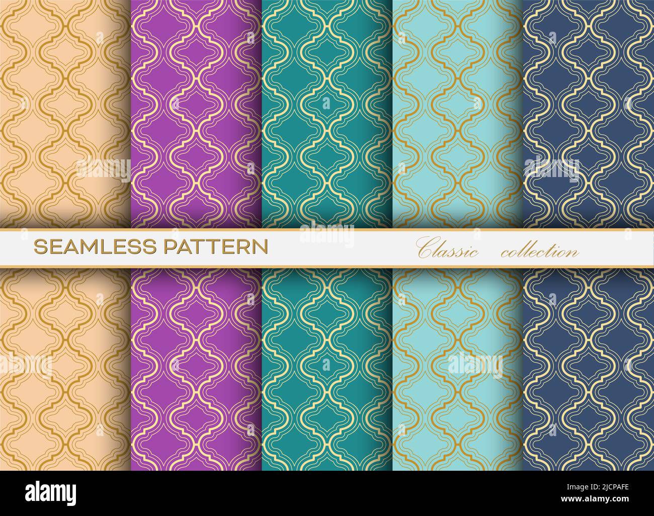set of classic seamless decorative patterns with a golden openwork grid ...