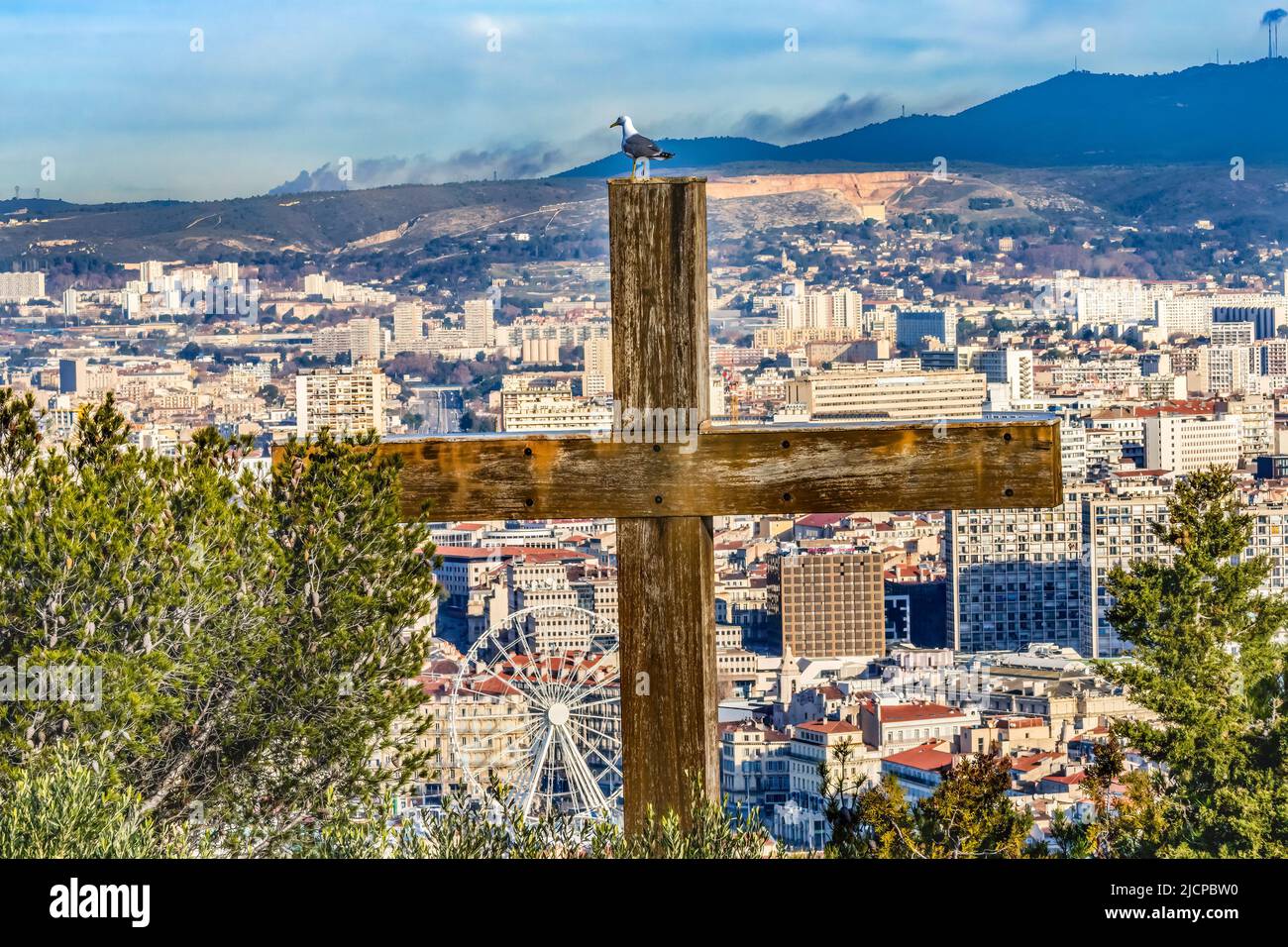 Wooden Cross Seagull Marseille Cityscape Overview Ferris Wheel ...