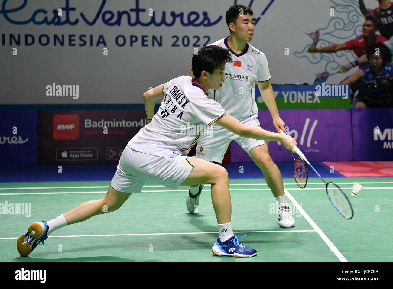 Jakarta, Indonesia. 15th June, 2022. Guo Xinwa (R)/Zhang Shuxian compete during the mixed ...