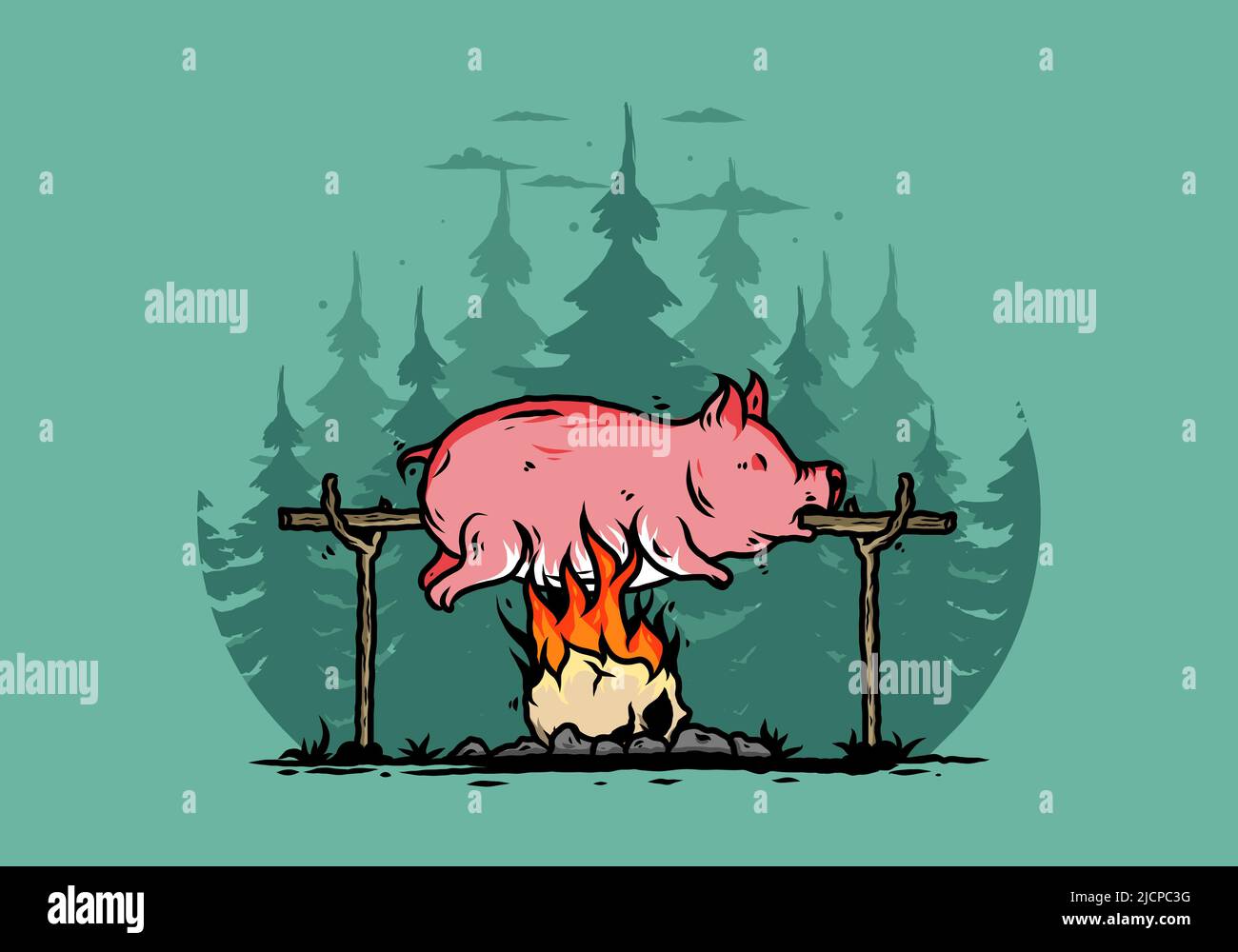 Vintage color of pork roast on fire illustration design Stock Vector ...