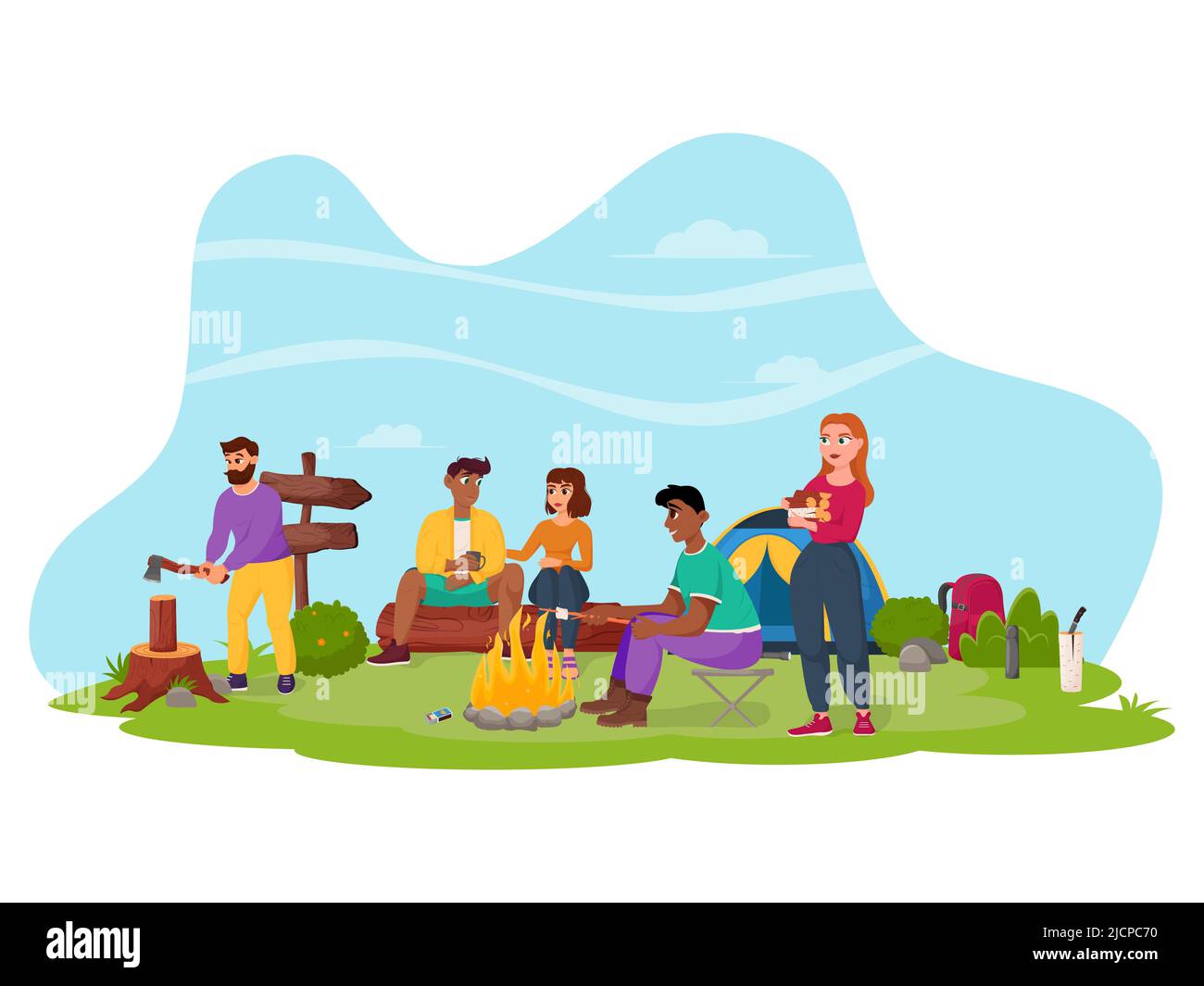Friends relax in nature. Summertime camping, hiking, camper, adventure ...
