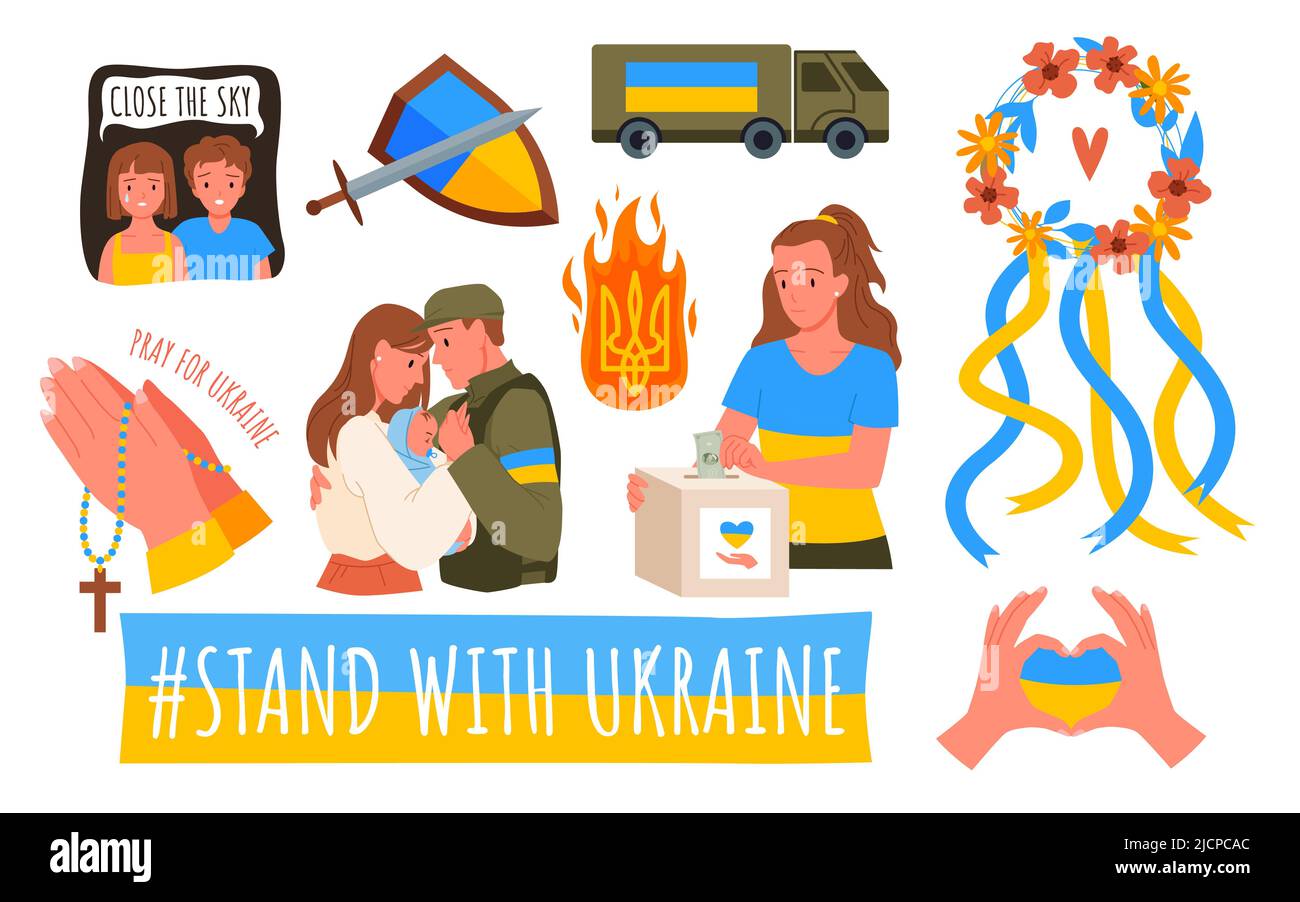 Support and help for Ukraine set, Stand with Ukraine on Ukrainian flag ...