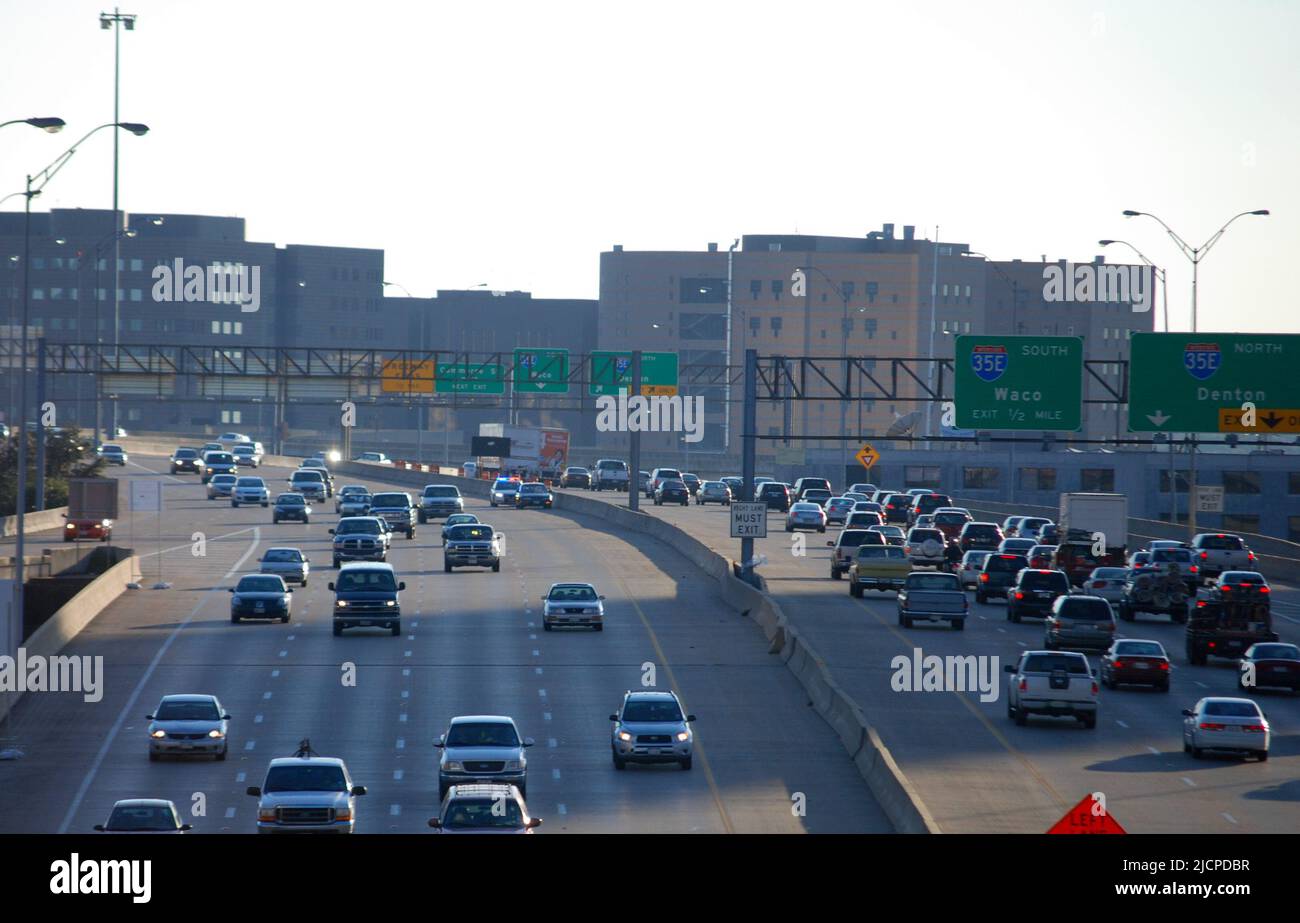 Automobile traffic in downtown Dallas Texas (Woodall Rogers Freeway ...