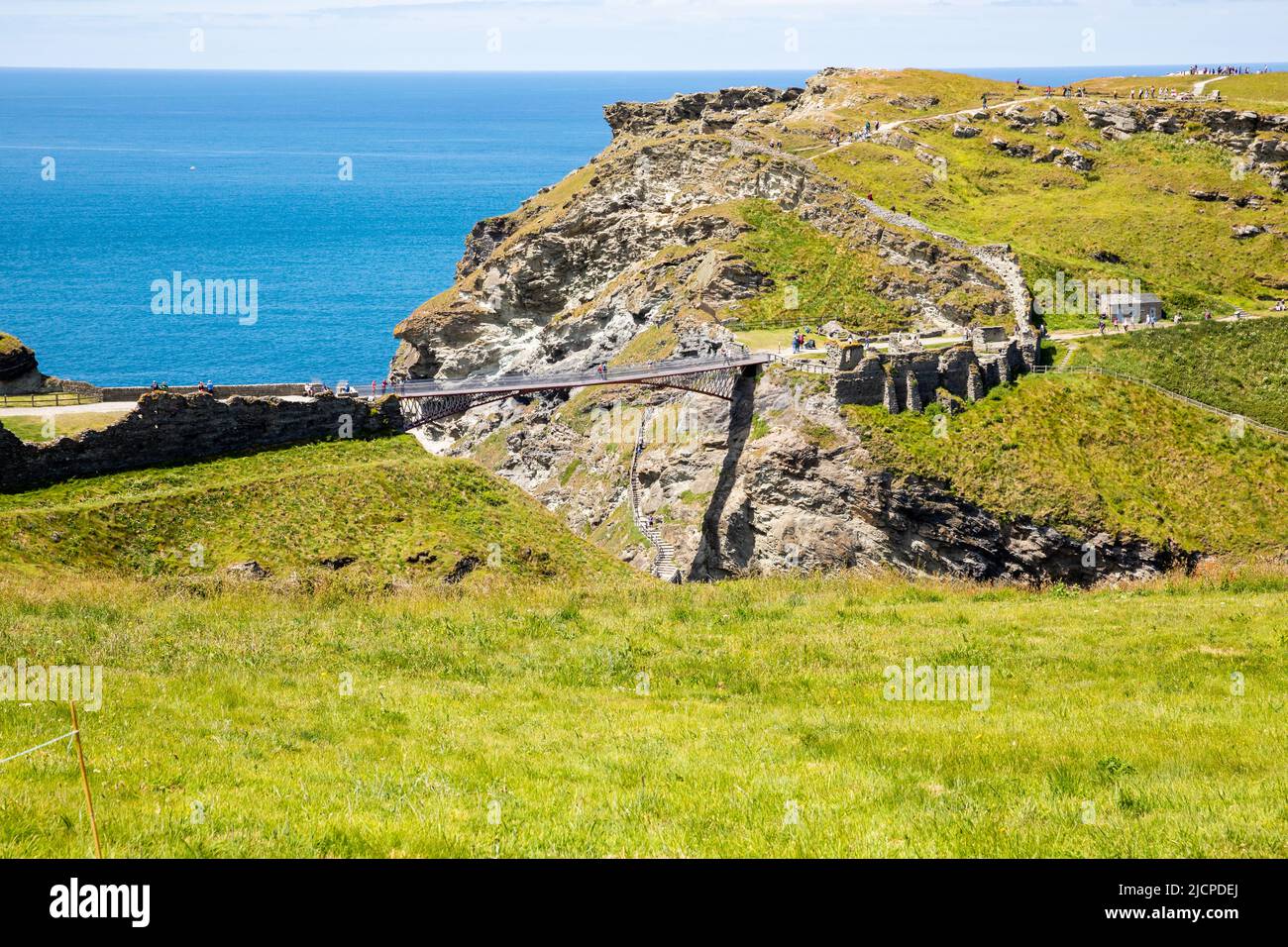 Blue sky over the new bridge in Tintagel, Cornwall on a Summer's Day ...