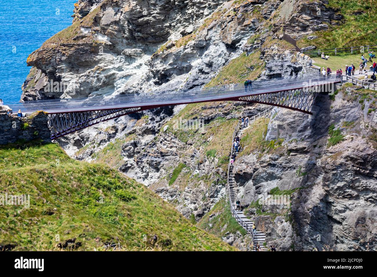Blue sky over the new bridge in Tintagel, Cornwall on a Summer's Day ...