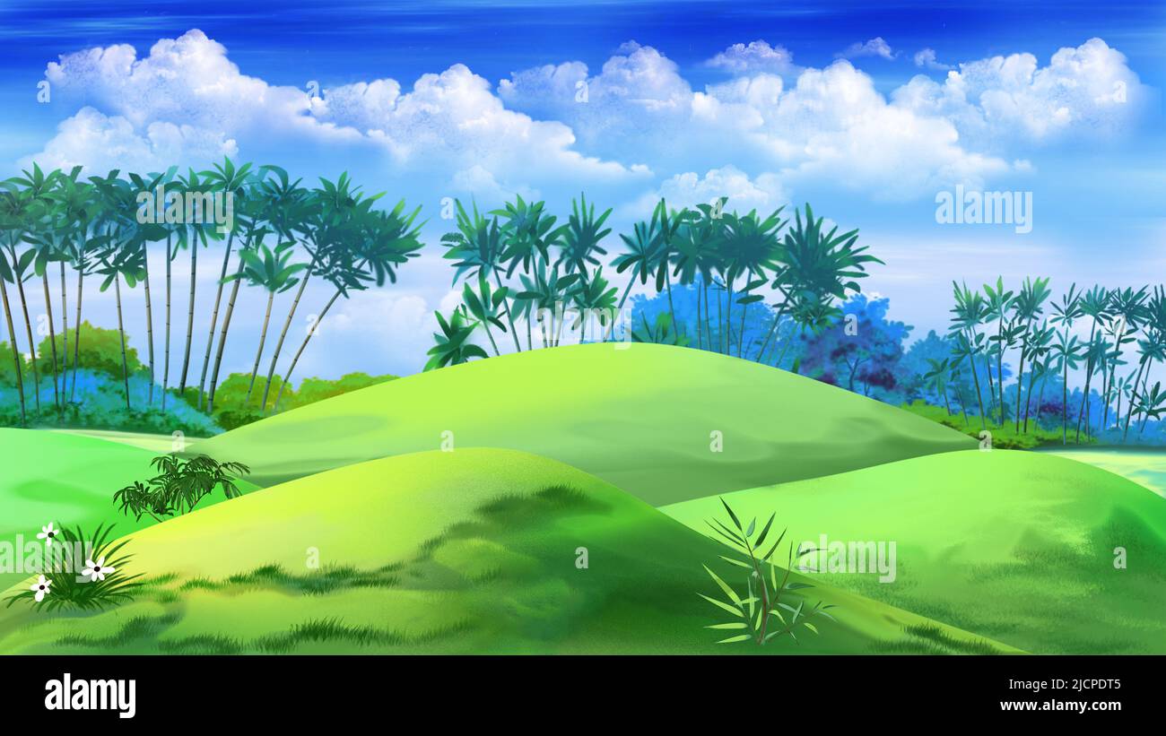 Green hills in the tropic landscape with palm trees. Digital Painting ...