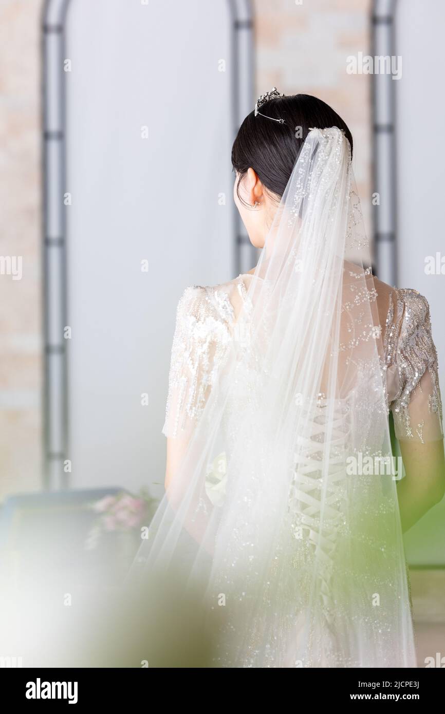Beautiful bride in wedding dress, backside Stock Photo - Alamy