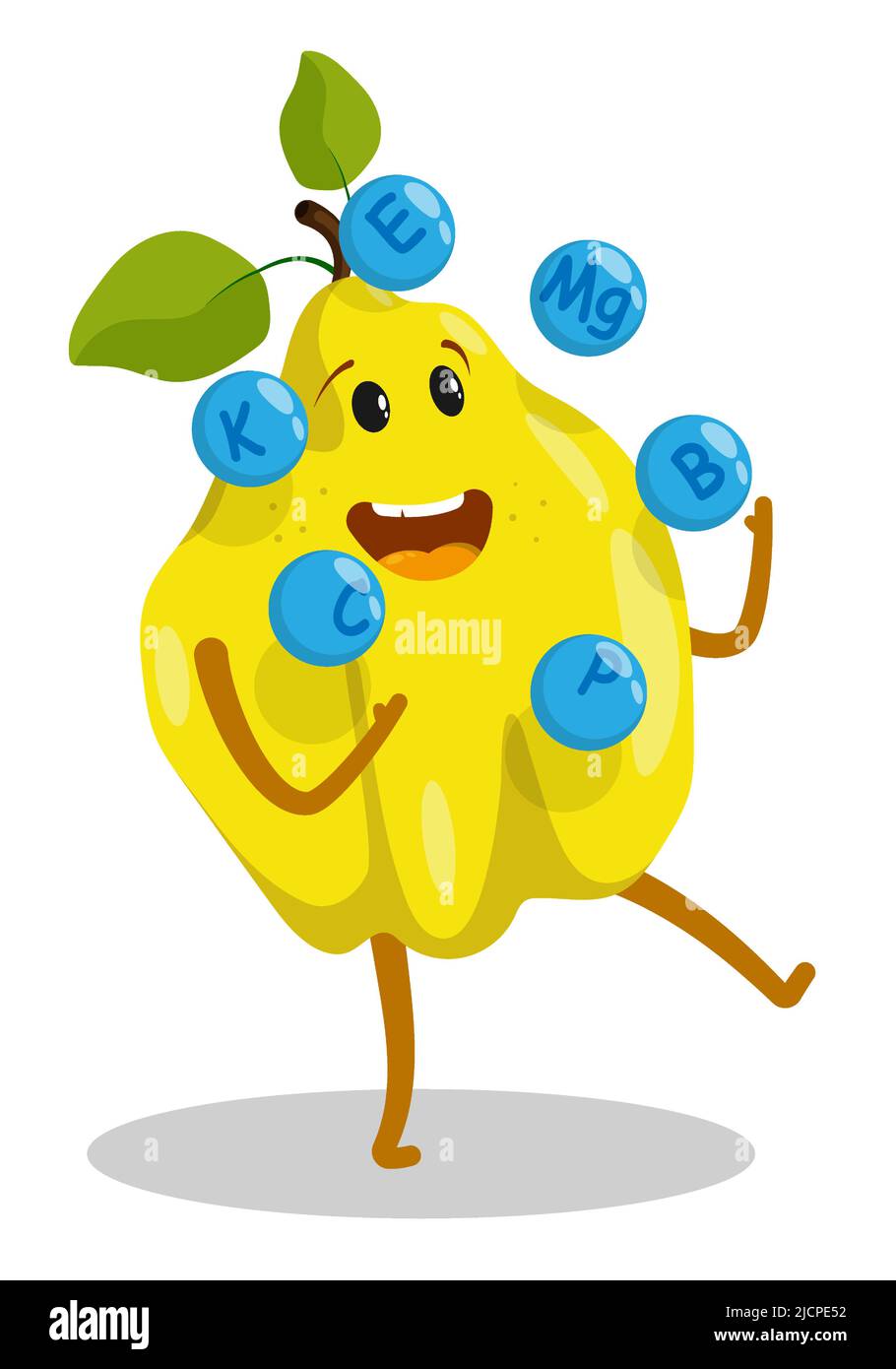 Cheerful pear, quince character deftly juggles balls with vitamins ...