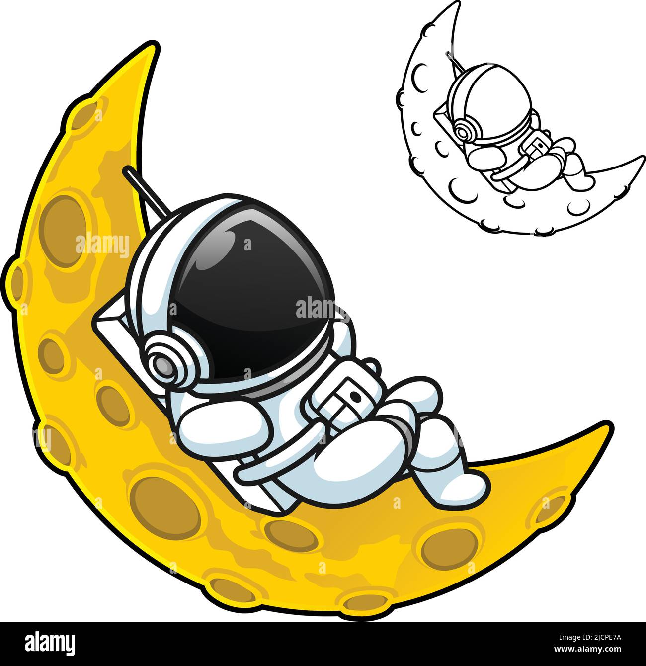 Astronaut Sitting on The Crescent Moon with Black and White Line Art ...