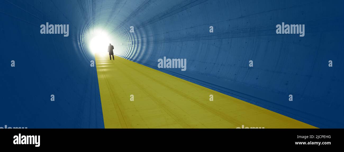 Concept or conceptual blue and yellow tunnel, the Ukrainian flag colors ...