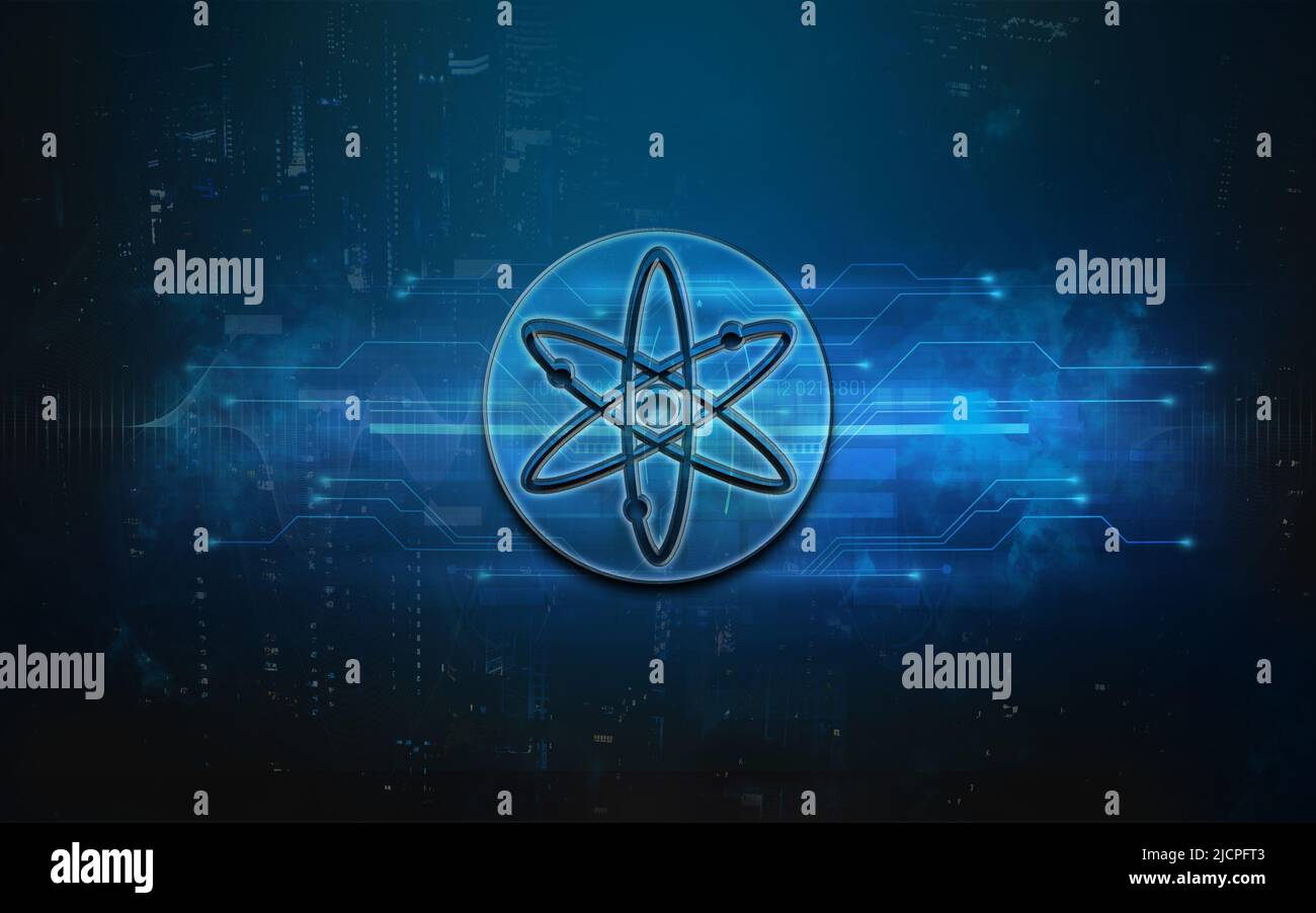 3D rendering cryptocurrency atom coin on colorful background ...