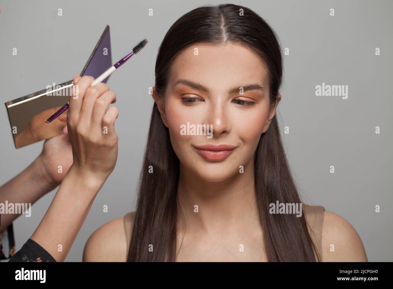 Beautiful female model face closeup and makeup artist hands with brush ...