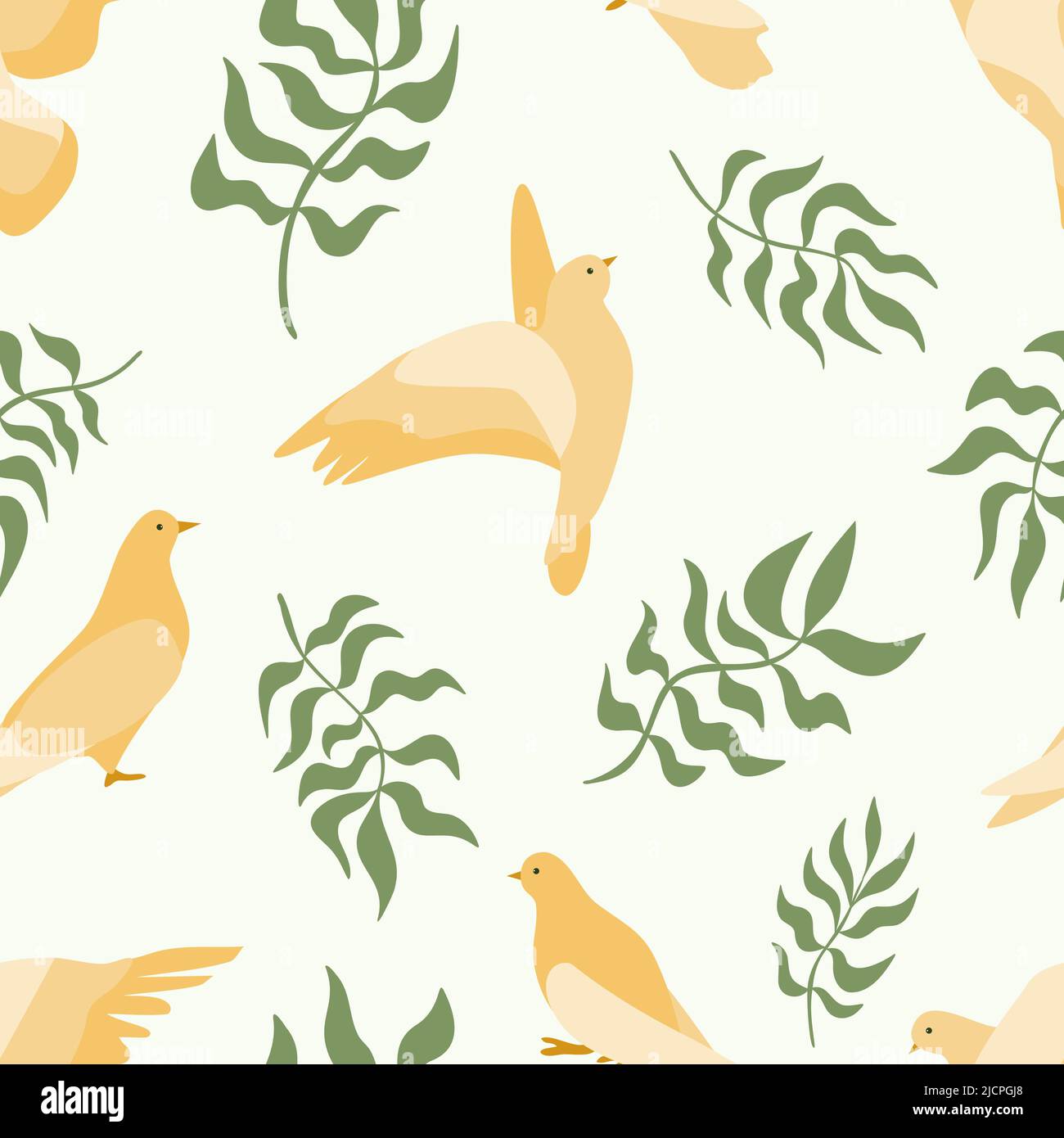 Seamless pattern with flat abstract doves and green olive brunches ...