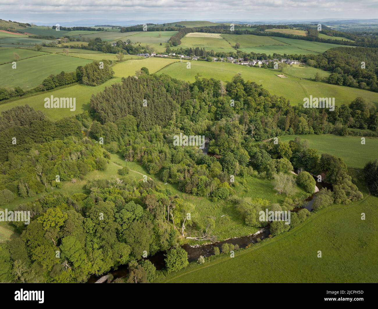 Aerial shot of the River Leader looking towards the village of Redpath ...