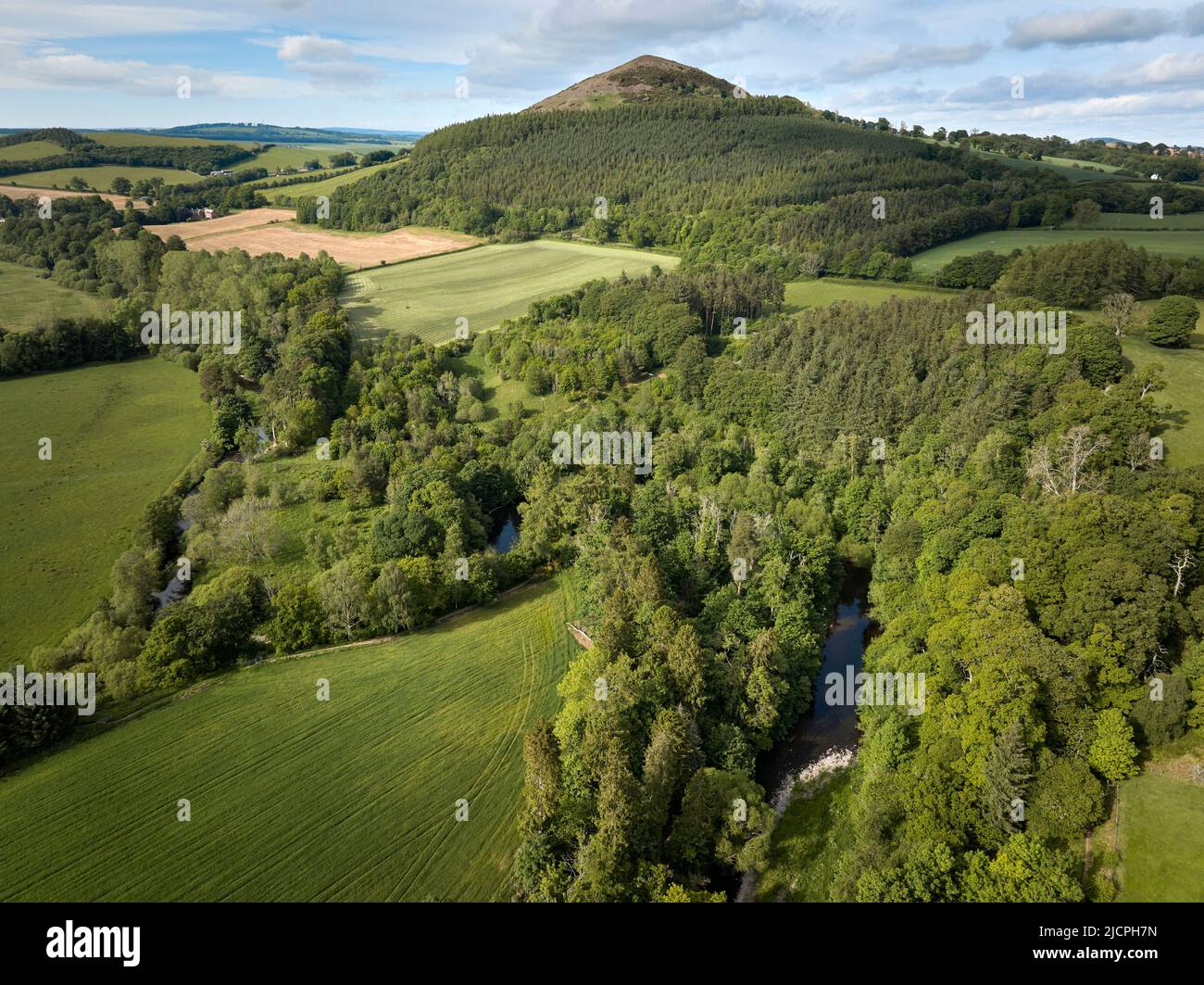 Aerial view of the Black Hill and the River Leader near Earlston in the ...