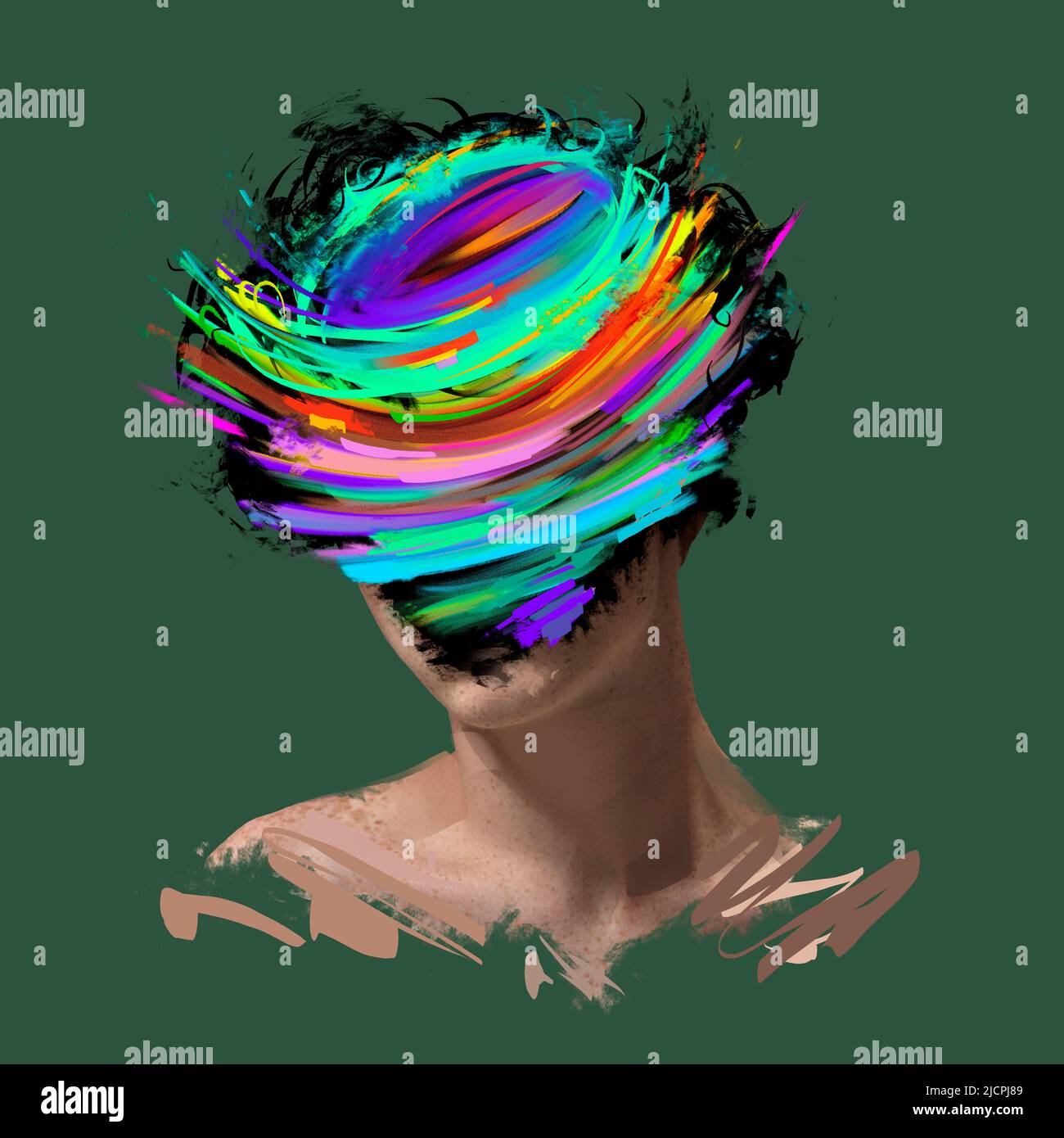 Colorful facial expressions. Surreal girl's portrait over green ...