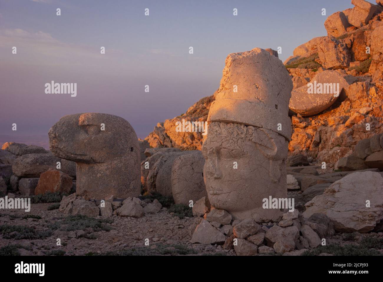 Statues on Mount Nemrut, sunrise on top of Mount Nemrut, Turkey Stock ...