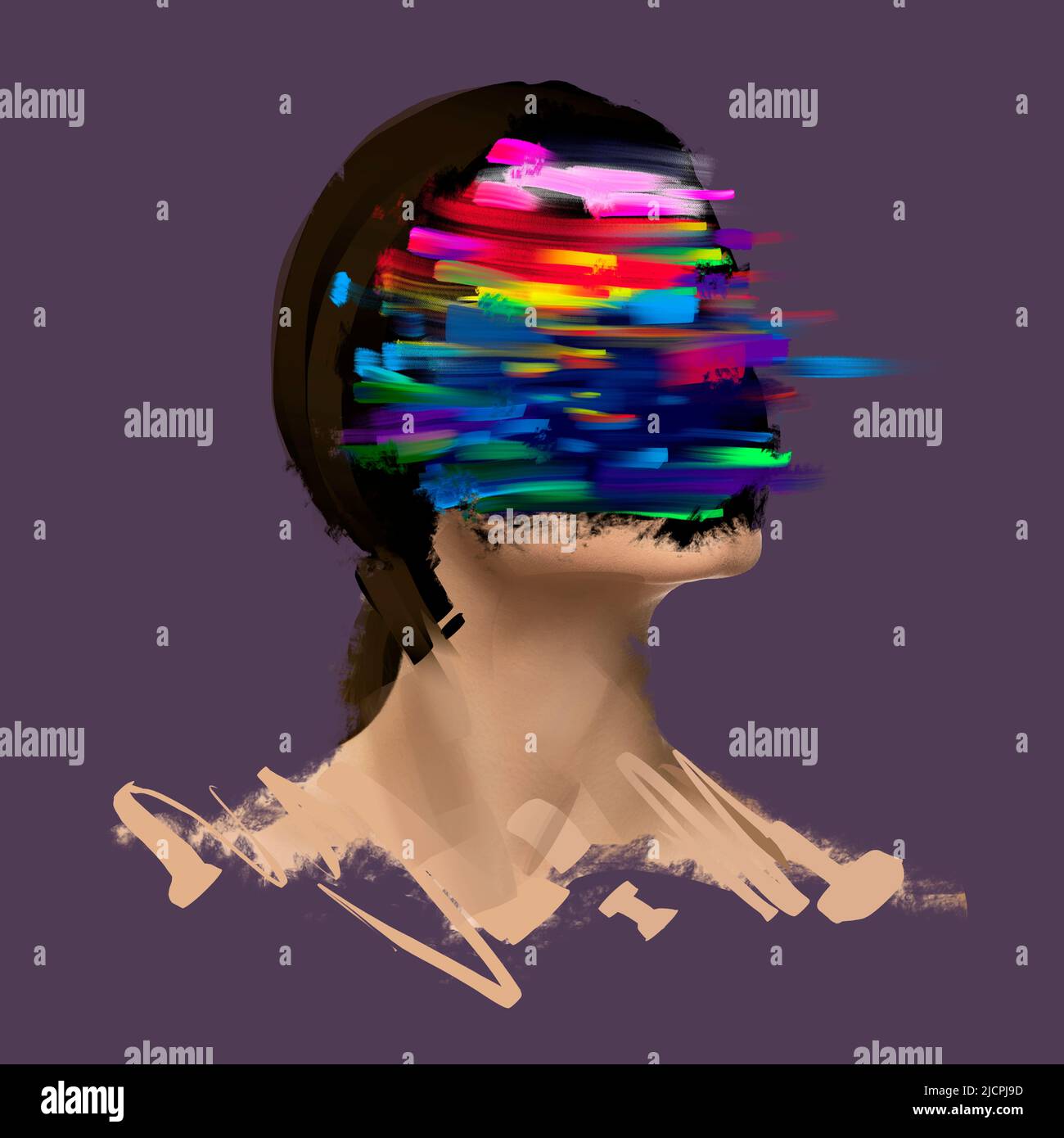 Colorful emotions. Surreal girl's portrait over purple background ...