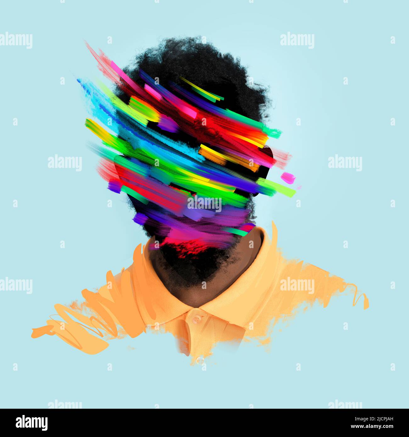 Bright poster with young man's portrait over blue background. Poster ...