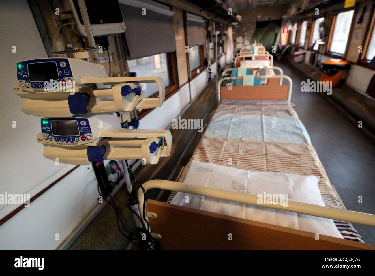 Kyiv, Ukraine. June 14, 2022. Syringe drivers are placed next to a bed ...
