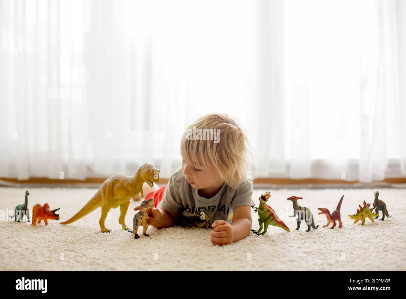 Blond toddler child, playing with dinosaurs at home, nice soft back ...