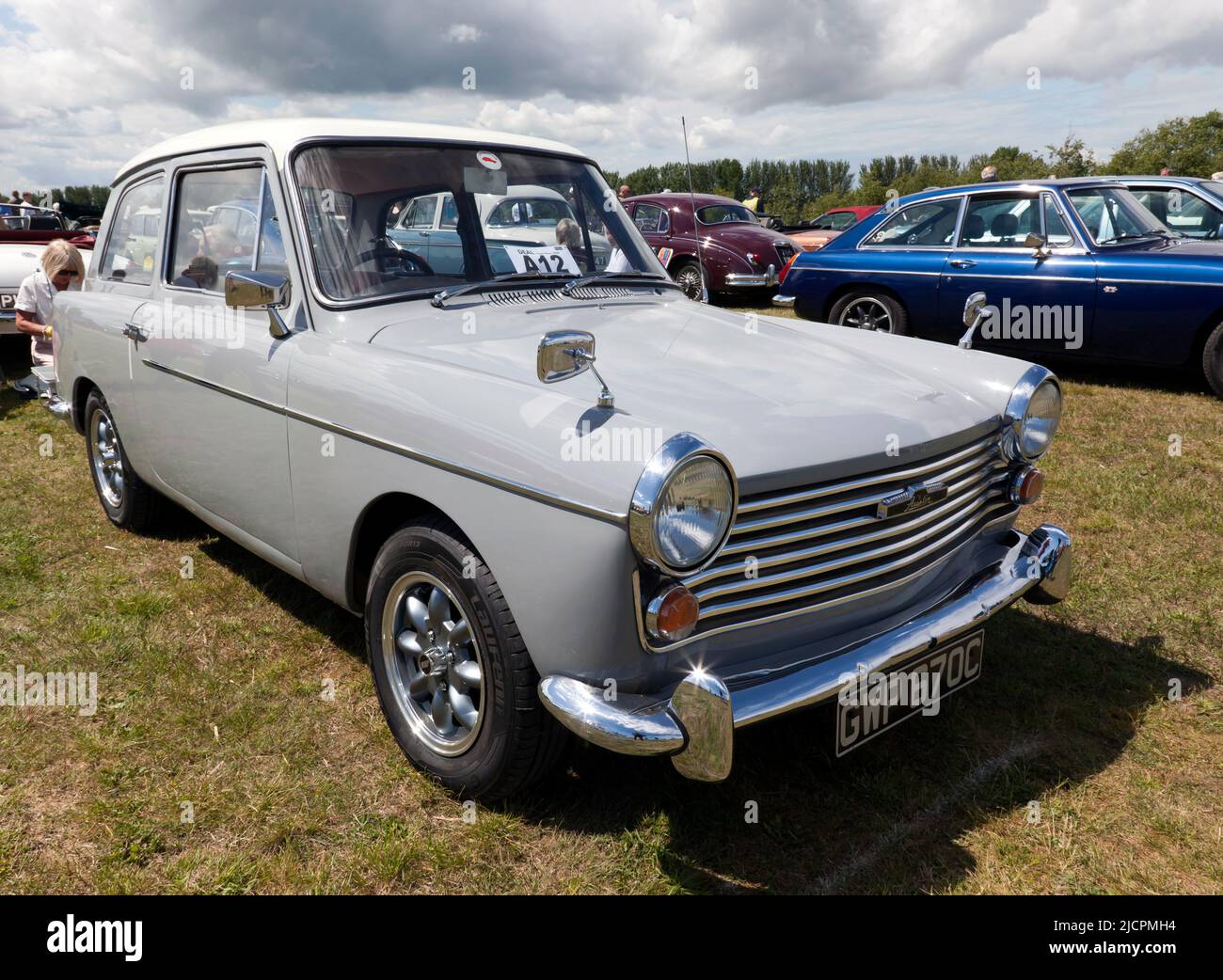Three-Quarters Front view of a Grey, 1965, Austin A40 MkII, on display ...