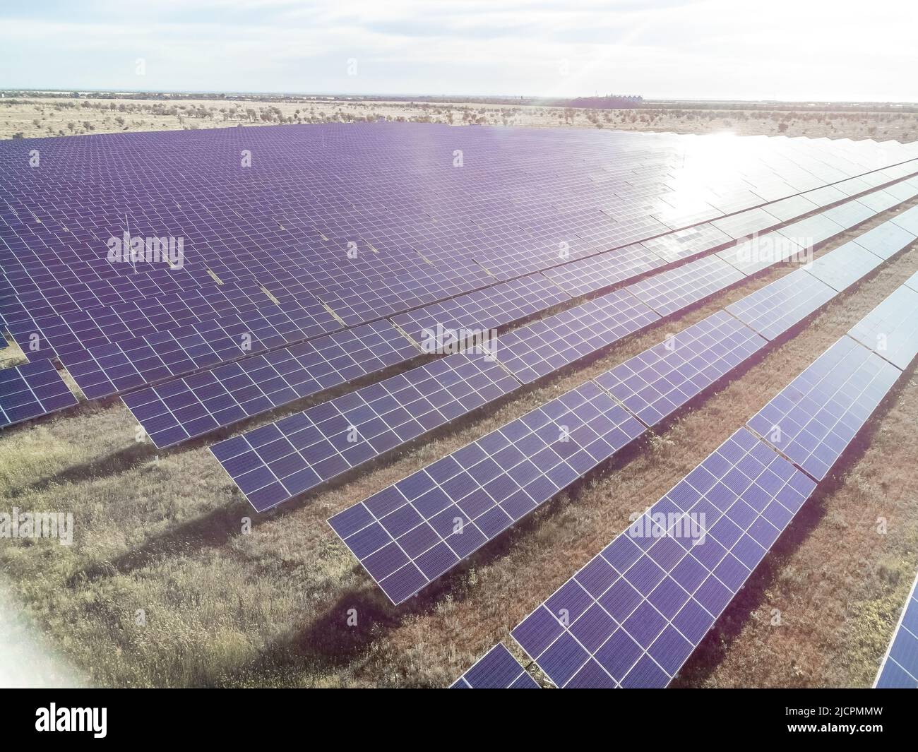 Aerial top view of a solar panels power plant. Photovoltaic solar ...