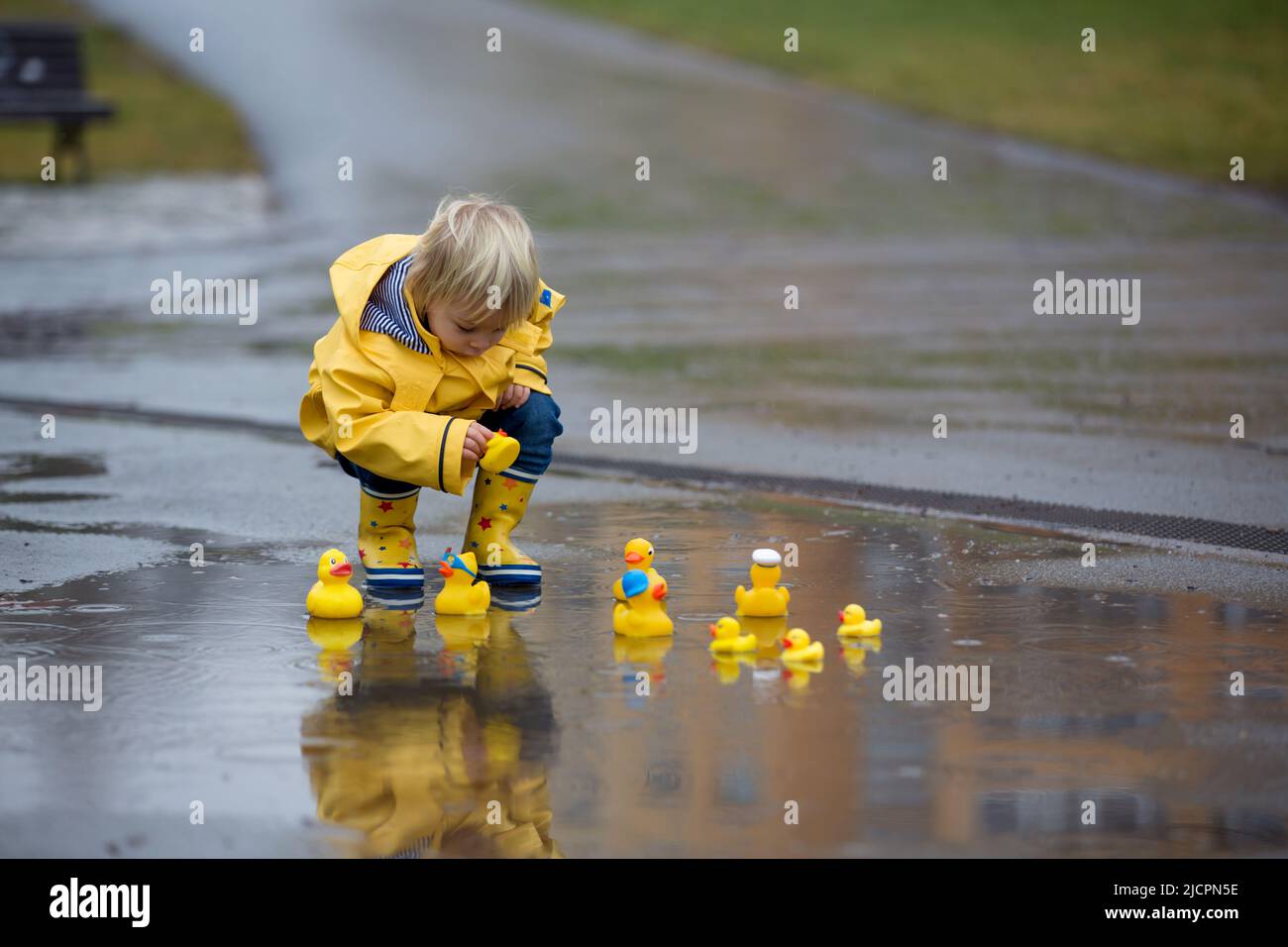 Beautiful funny blonde toddler boy with rubber ducks and colorful ...